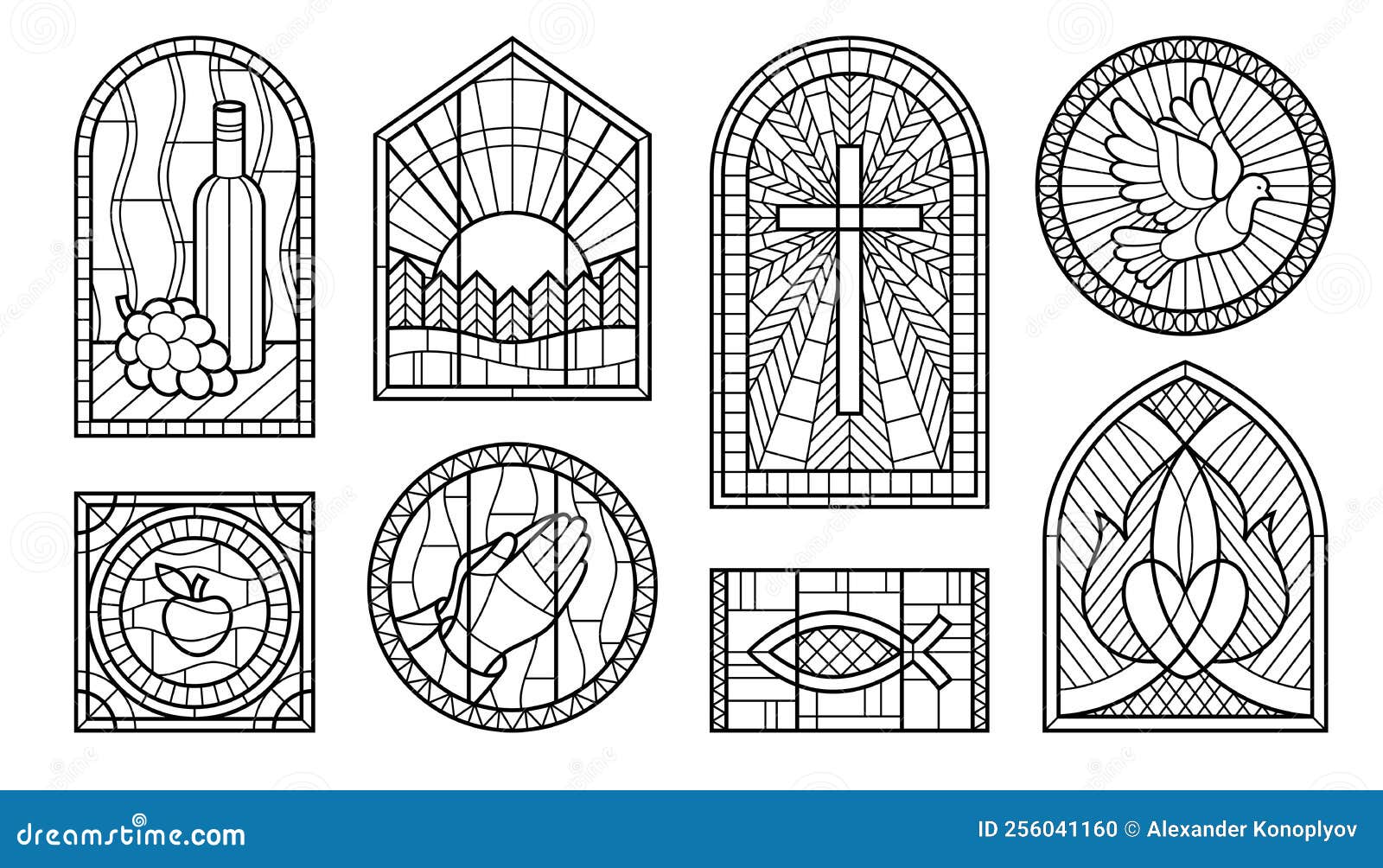 Stained Glass Windows Monochrome Line Art Set Vector Illustration