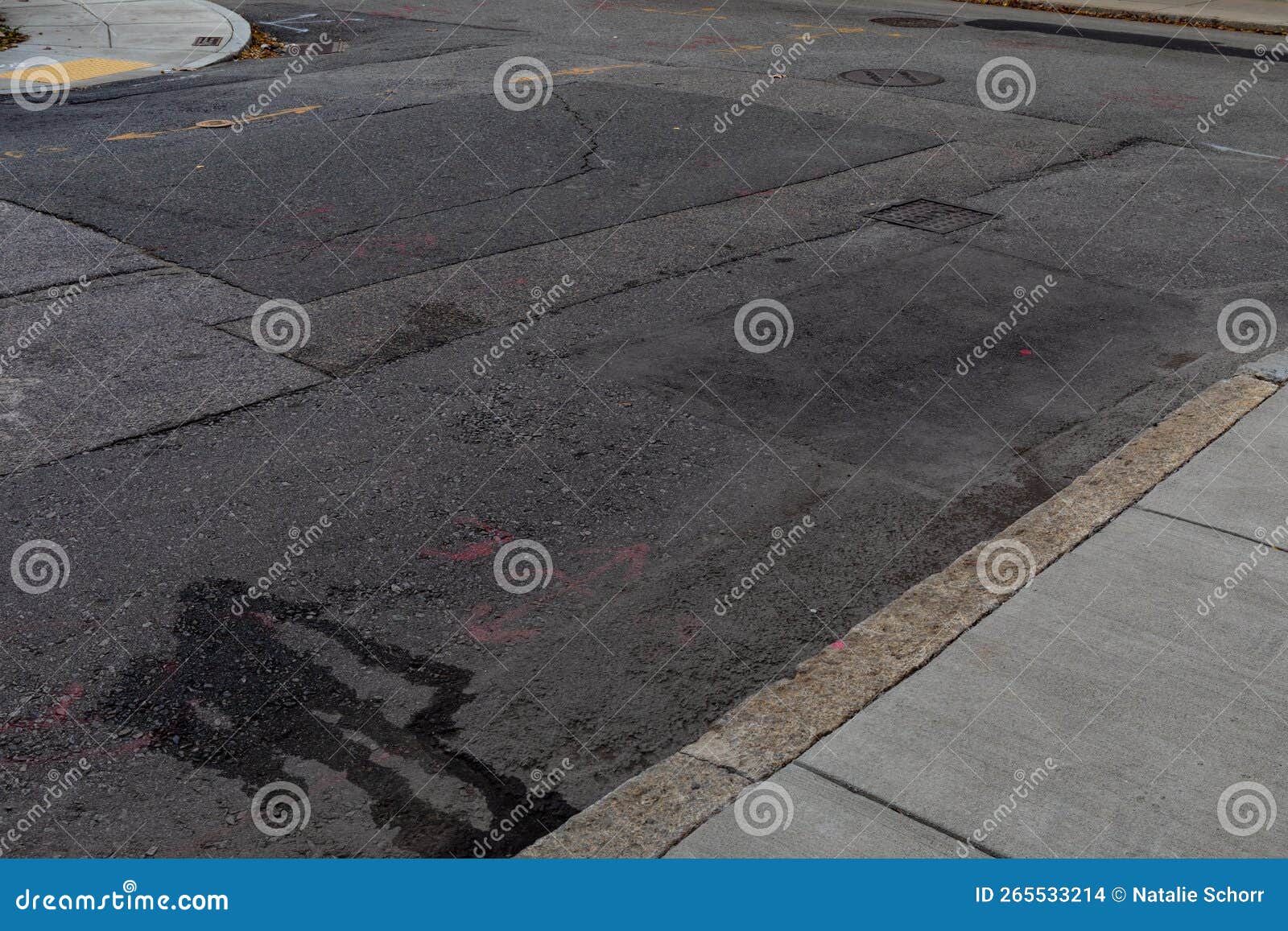 Stained and Patched Multi Layer Asphalt Street Surface with Curbs ...