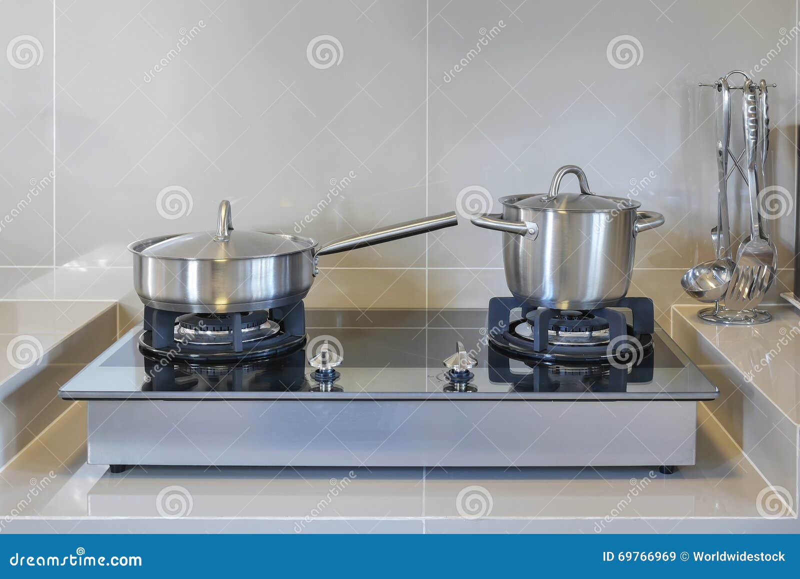 Stainless Pots in Modern Kitchen Stock Image - Image of desk ...