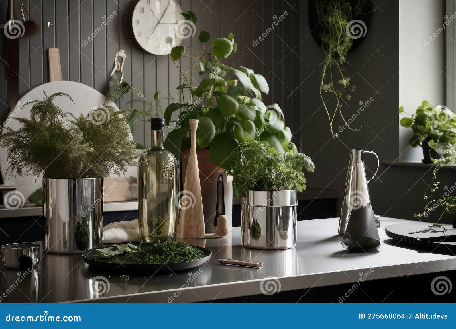 Stainless Steel Collection of Objects, Including Plants and Vases for a ...