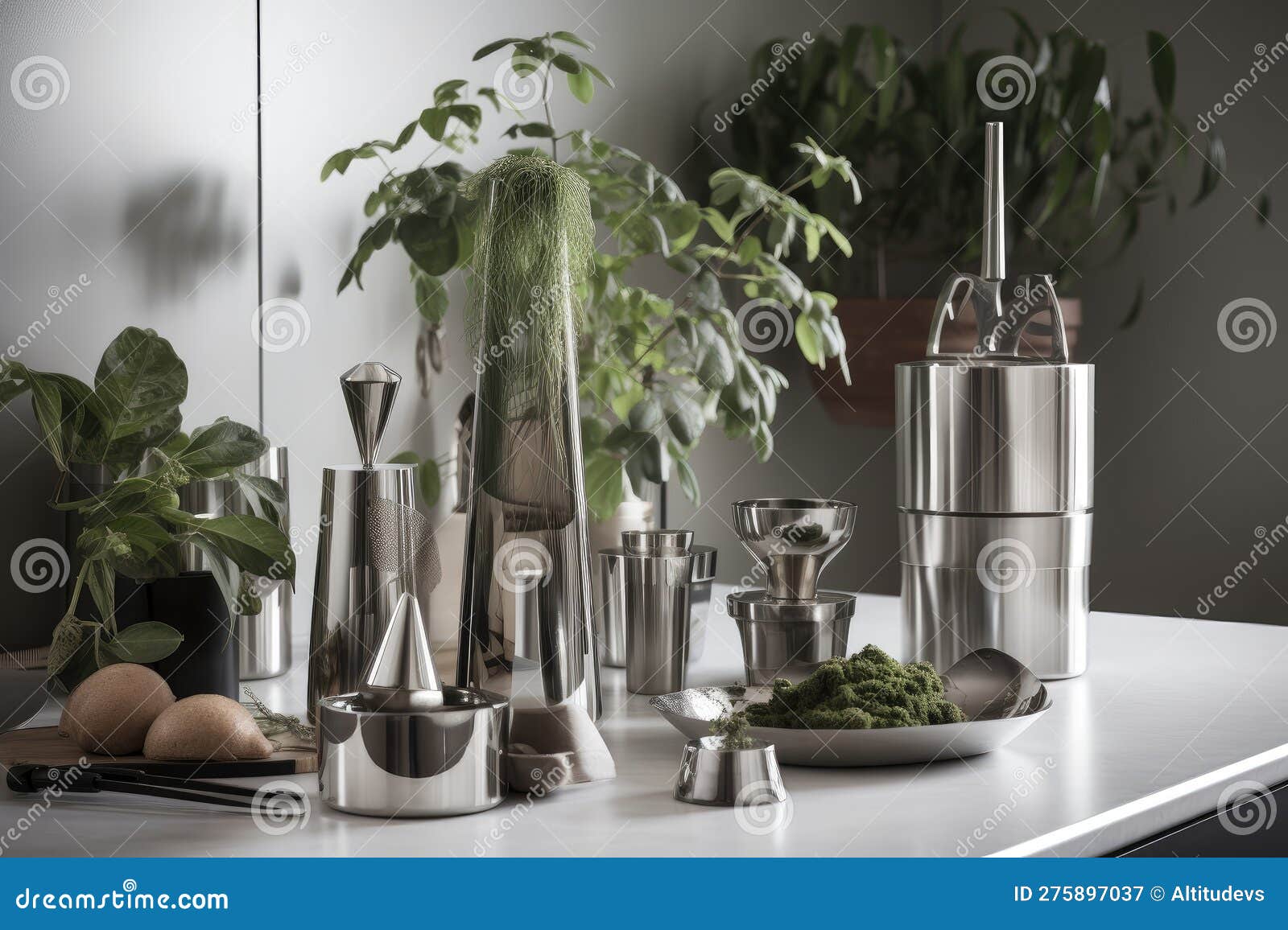 Stainless Steel Collection of Objects, Including Plants and Vases for a ...
