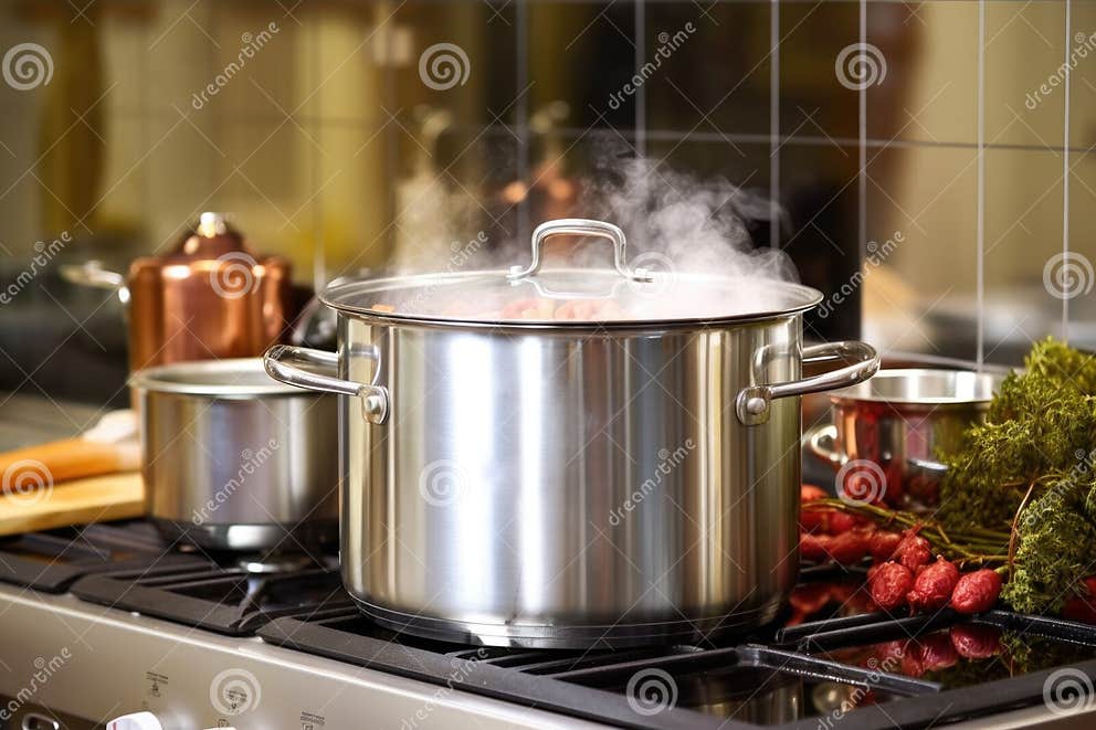 Stainless Steel Jam Boiling Cauldron in a Modern Kitchen Stock Image ...