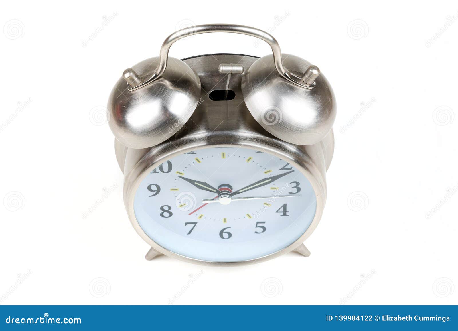 Stainless Steel Old Fashioned Alarm Clock on a White Background Stock ...