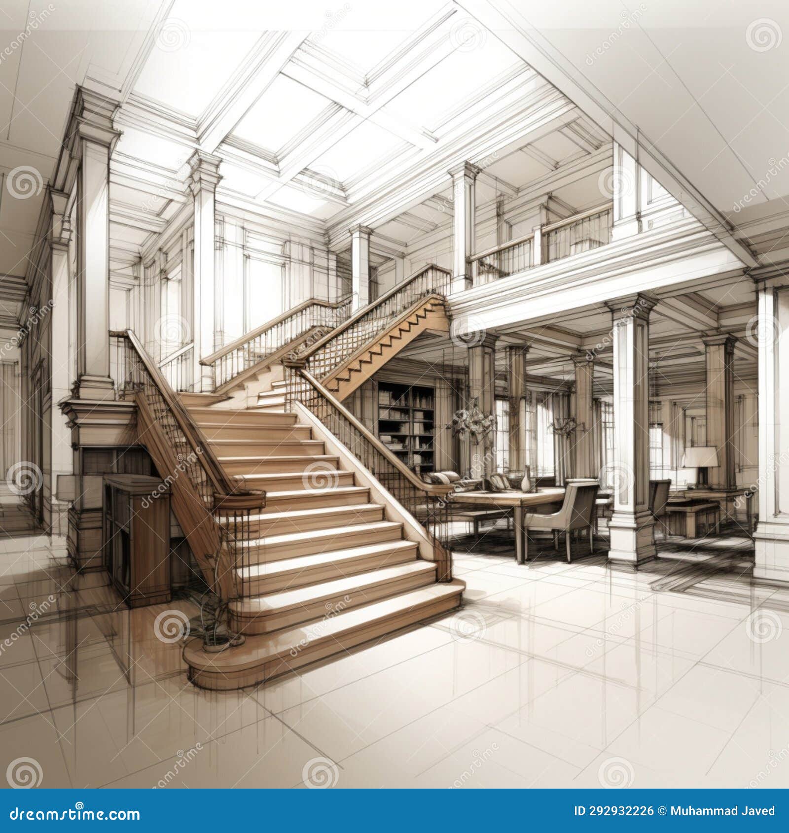 Stair Hall Sketched 3D Wireframe Rendering, Architectural Depth and ...