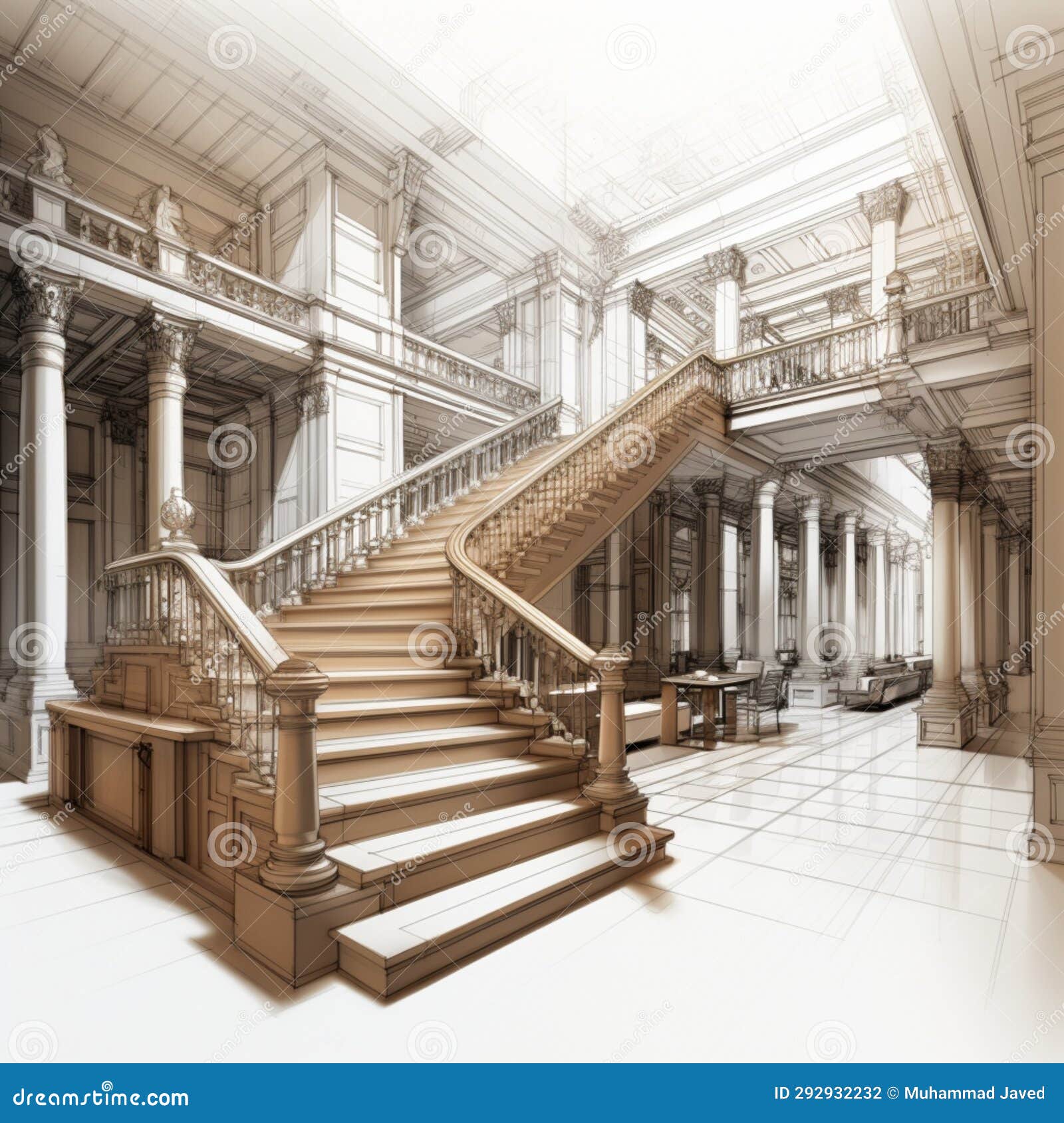 Stair Hall Sketched 3D Wireframe Rendering, Architectural Depth and ...
