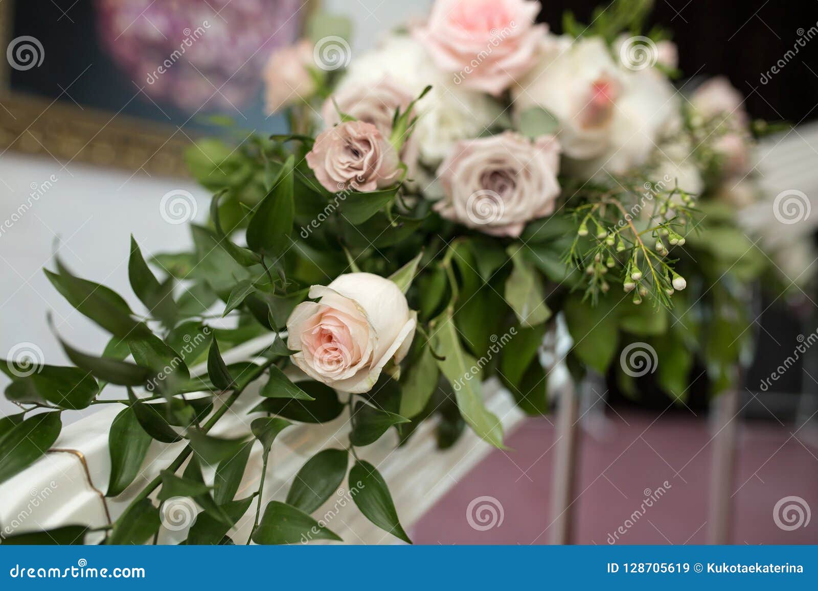 Stair Railing Decorated with Flowers. Wedding Decoration Stock Image ...