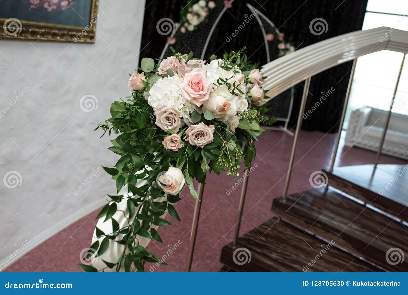 Stair Railing Decorated with Flowers. Wedding Decoration Stock Photo ...