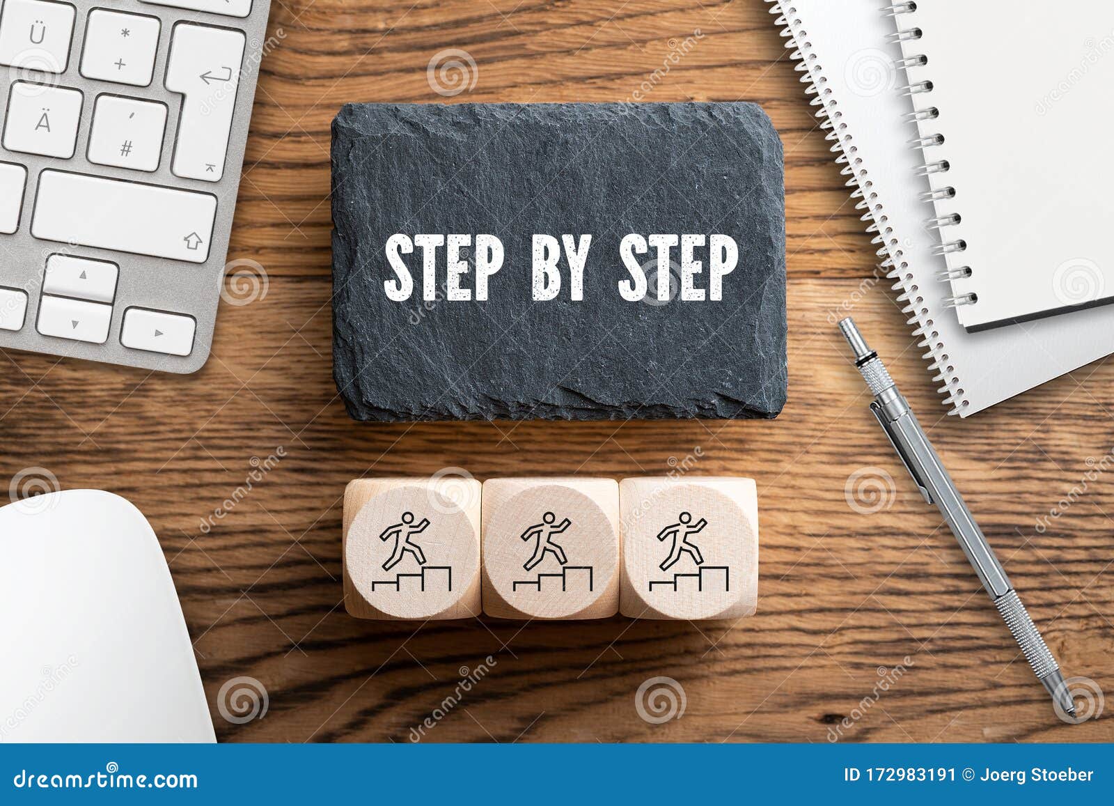 A Stair Symbolized by Icons on Cubes and the Slogan: Step by Step Stock ...