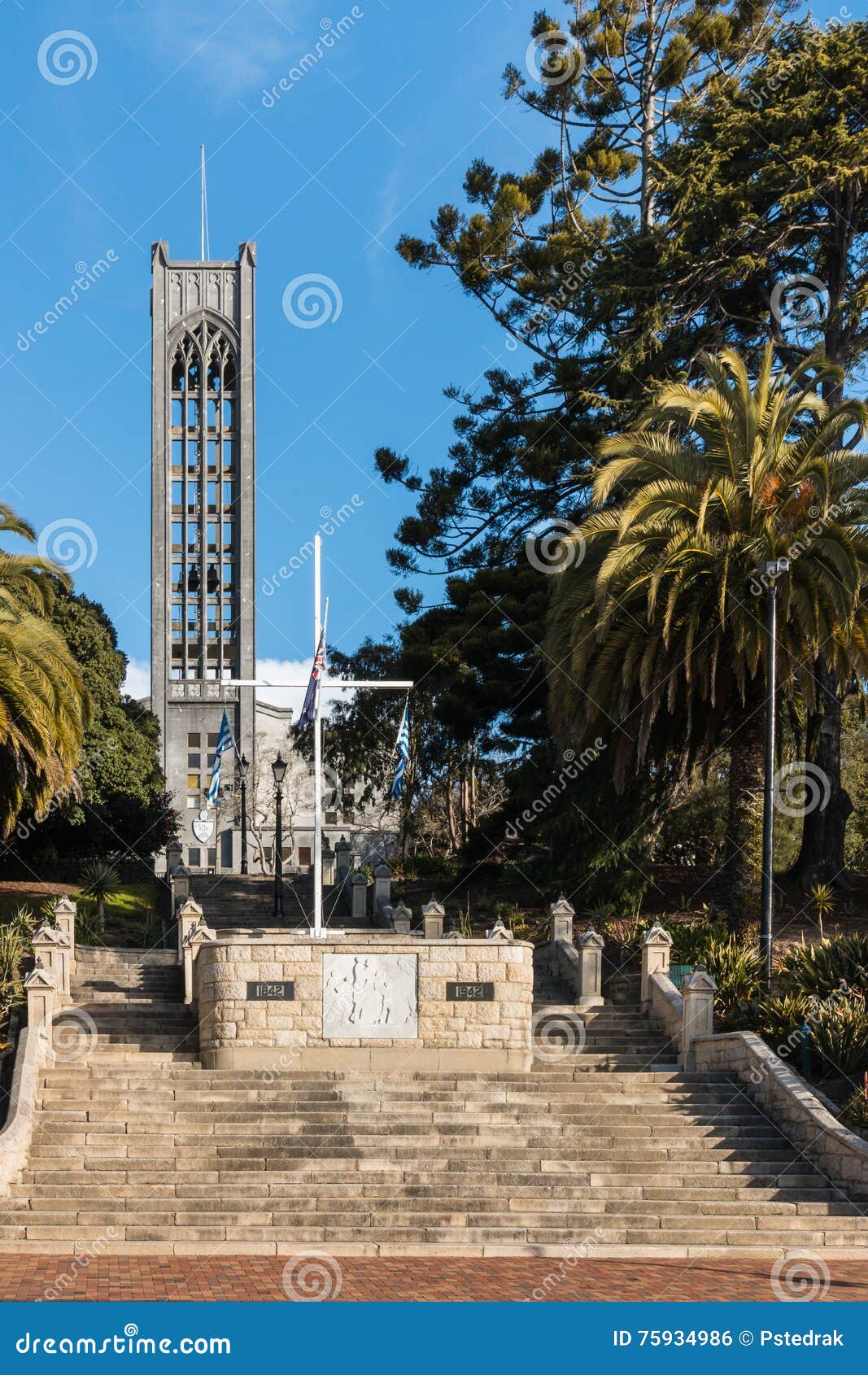 Staircase with Cathedral in Nelson Stock Photo - Image of grey, belfry ...
