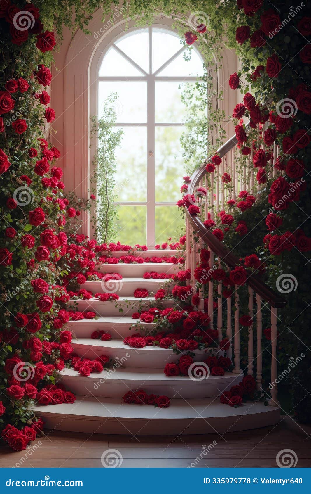 A Staircase Covered in Red Roses in Front of a Window Stock Photo ...