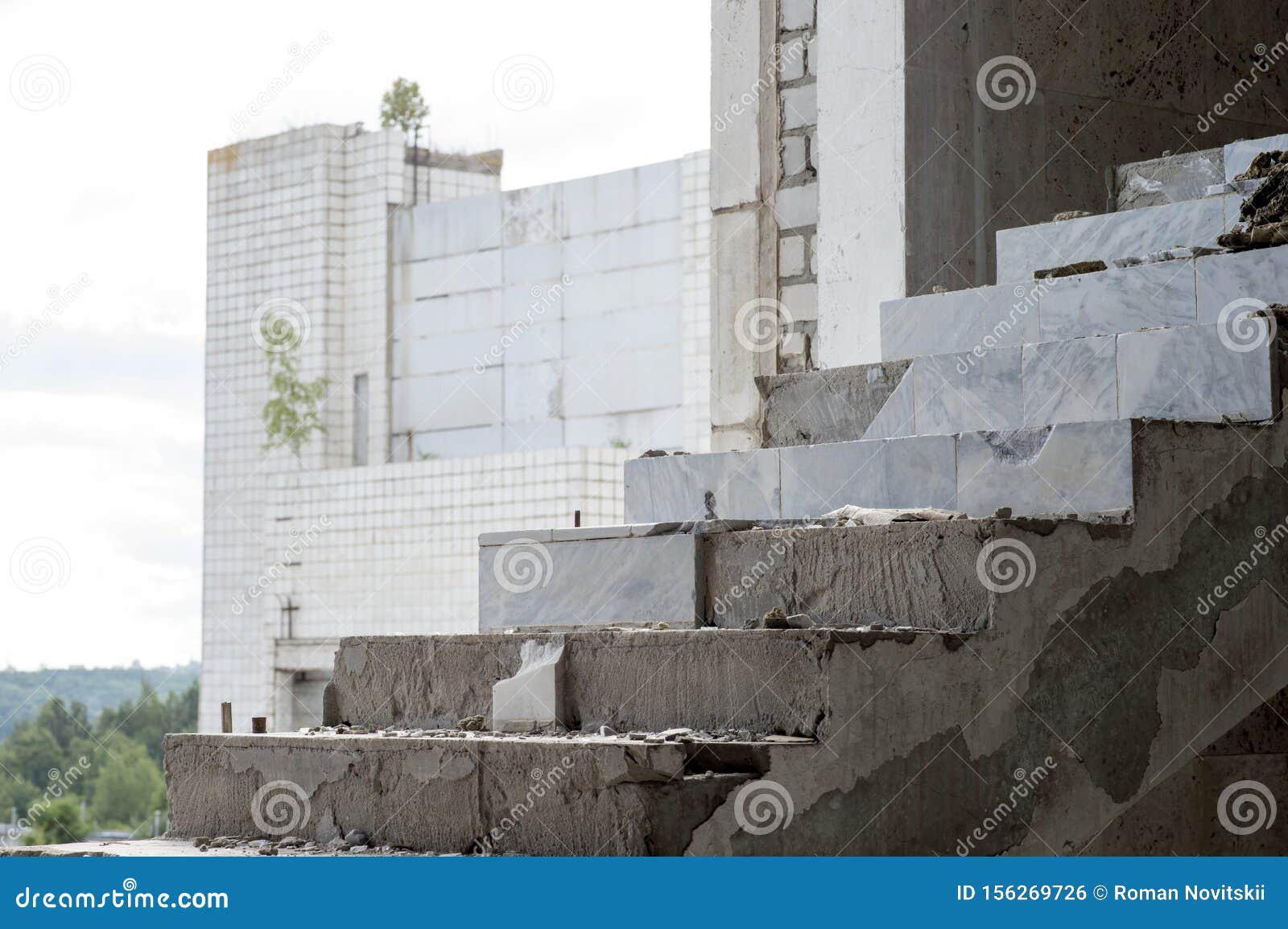 The Staircase of the Destroyed Large Building at a Height Against the ...