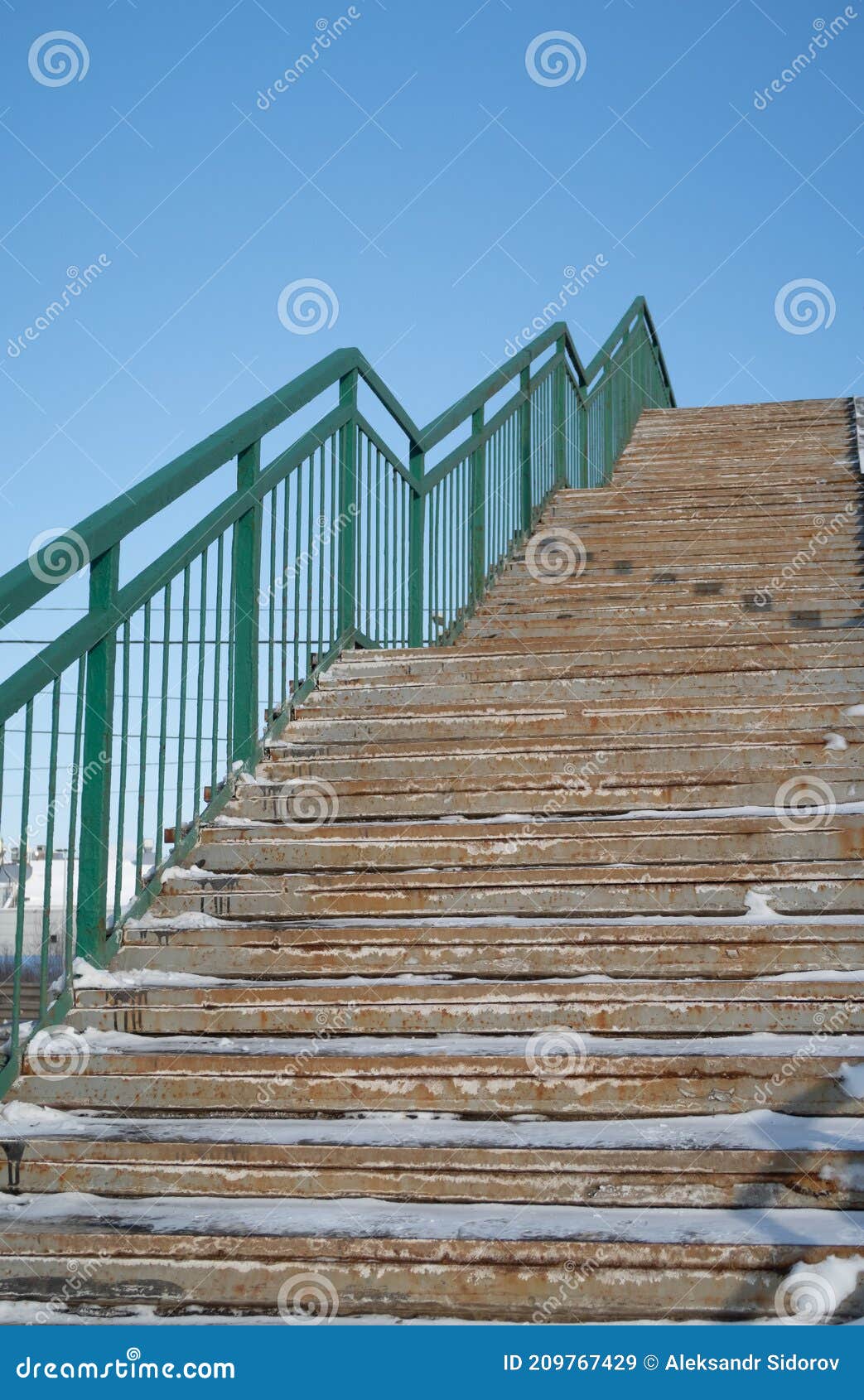 Staircase with Metal Green Railing on Blue Sky Background, Background ...