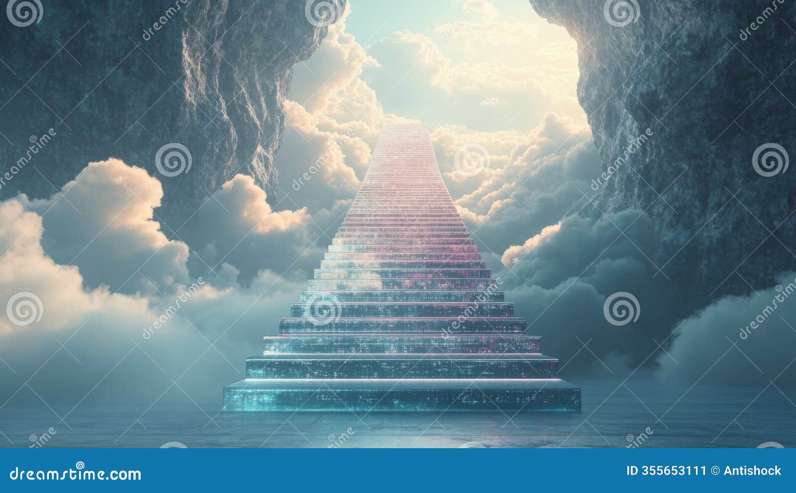 Staircase of Translucent Digital Mist Ascends into the Clouds ...