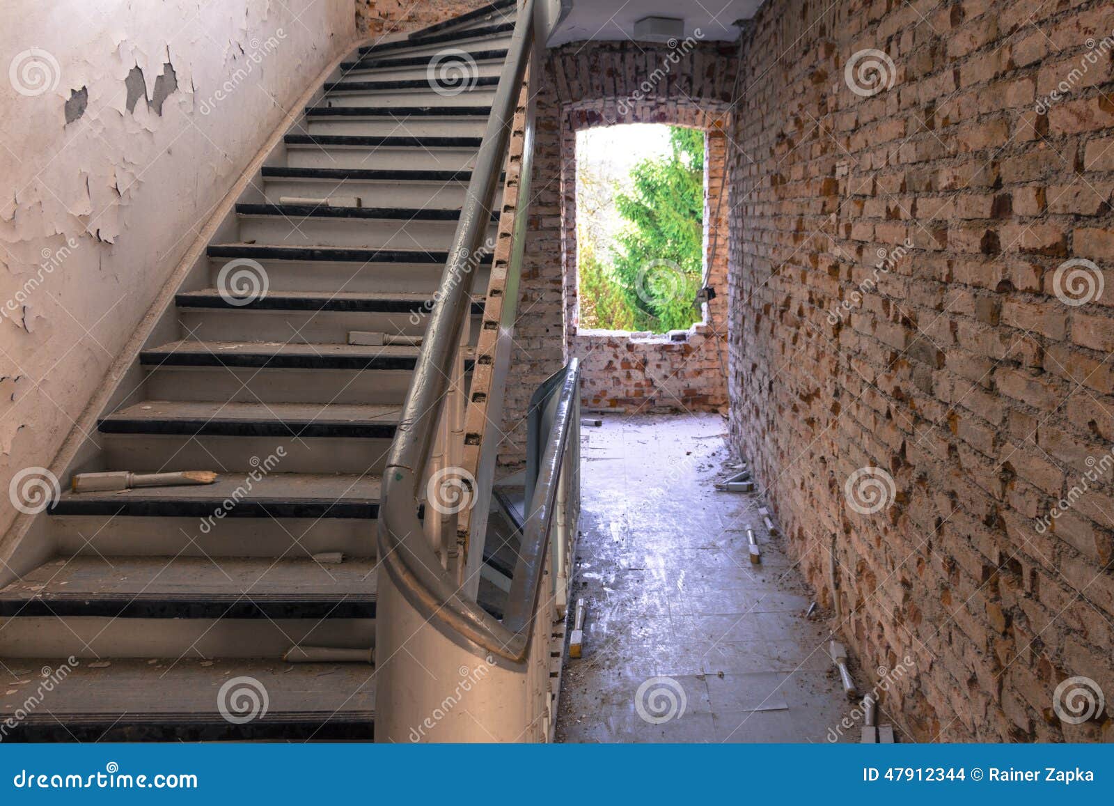 Destroyed Stairs With A Metal Railing Nostalgically Lit Stock ...