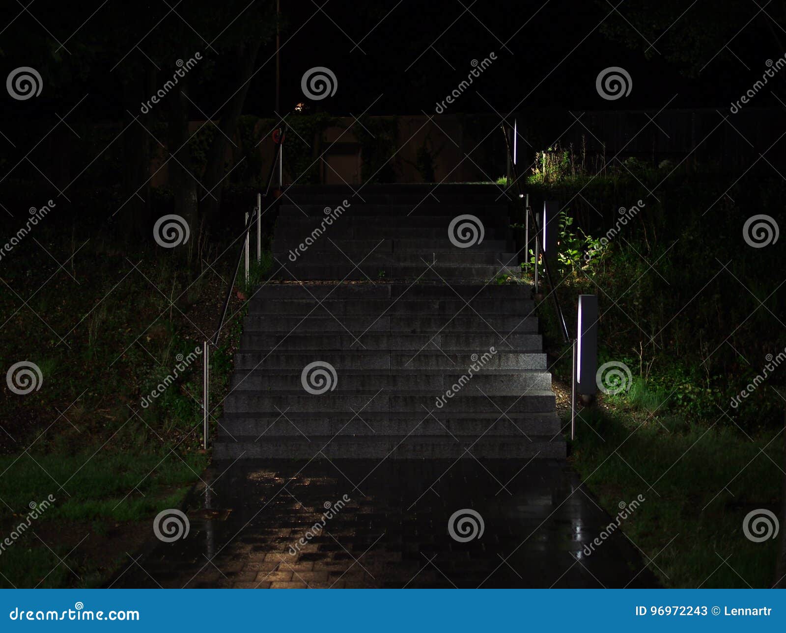 Stairs at night stock image. Image of water, evening - 96972243