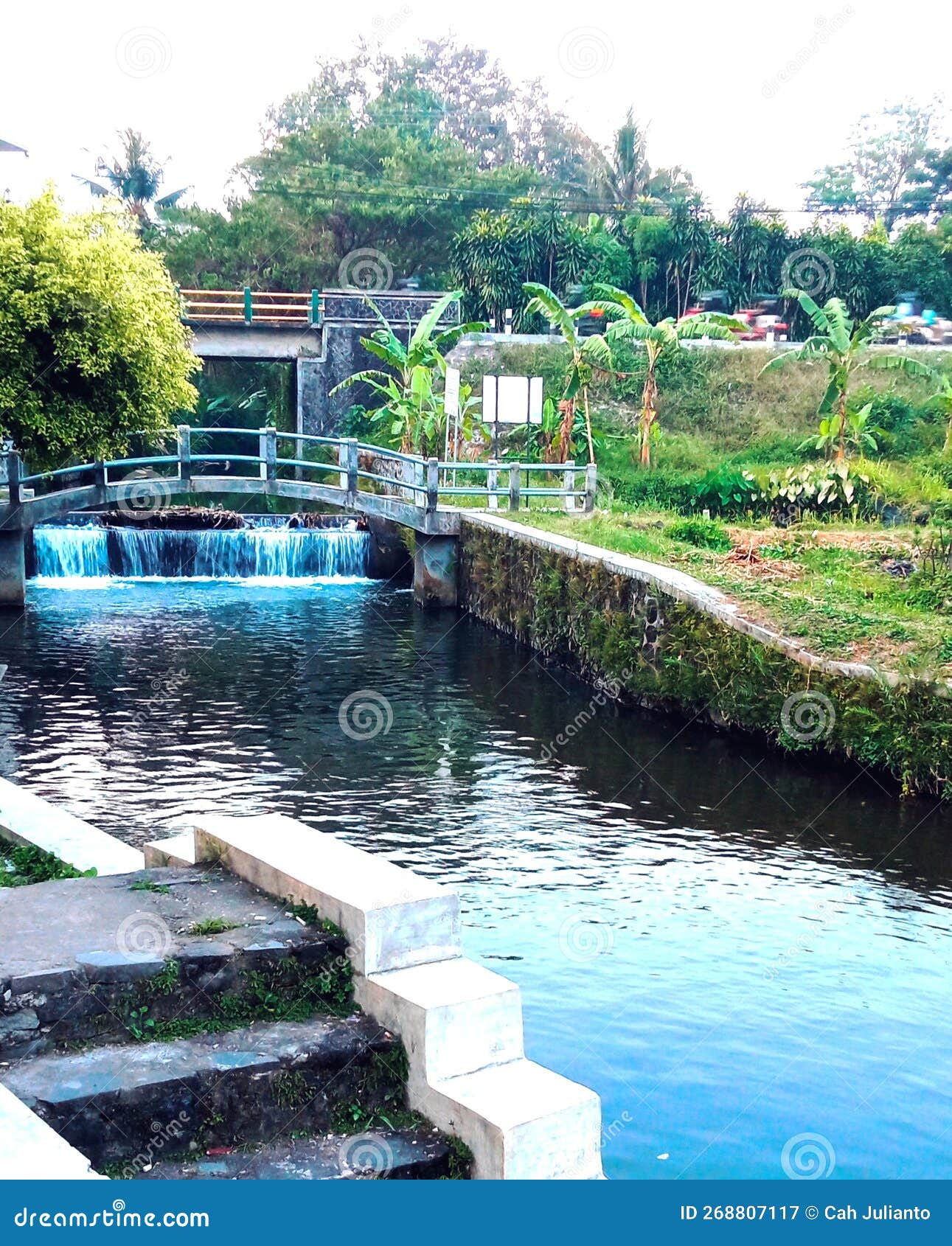 Stairs, River, Bridge and Small Waterfall in One Frame Stock Image ...