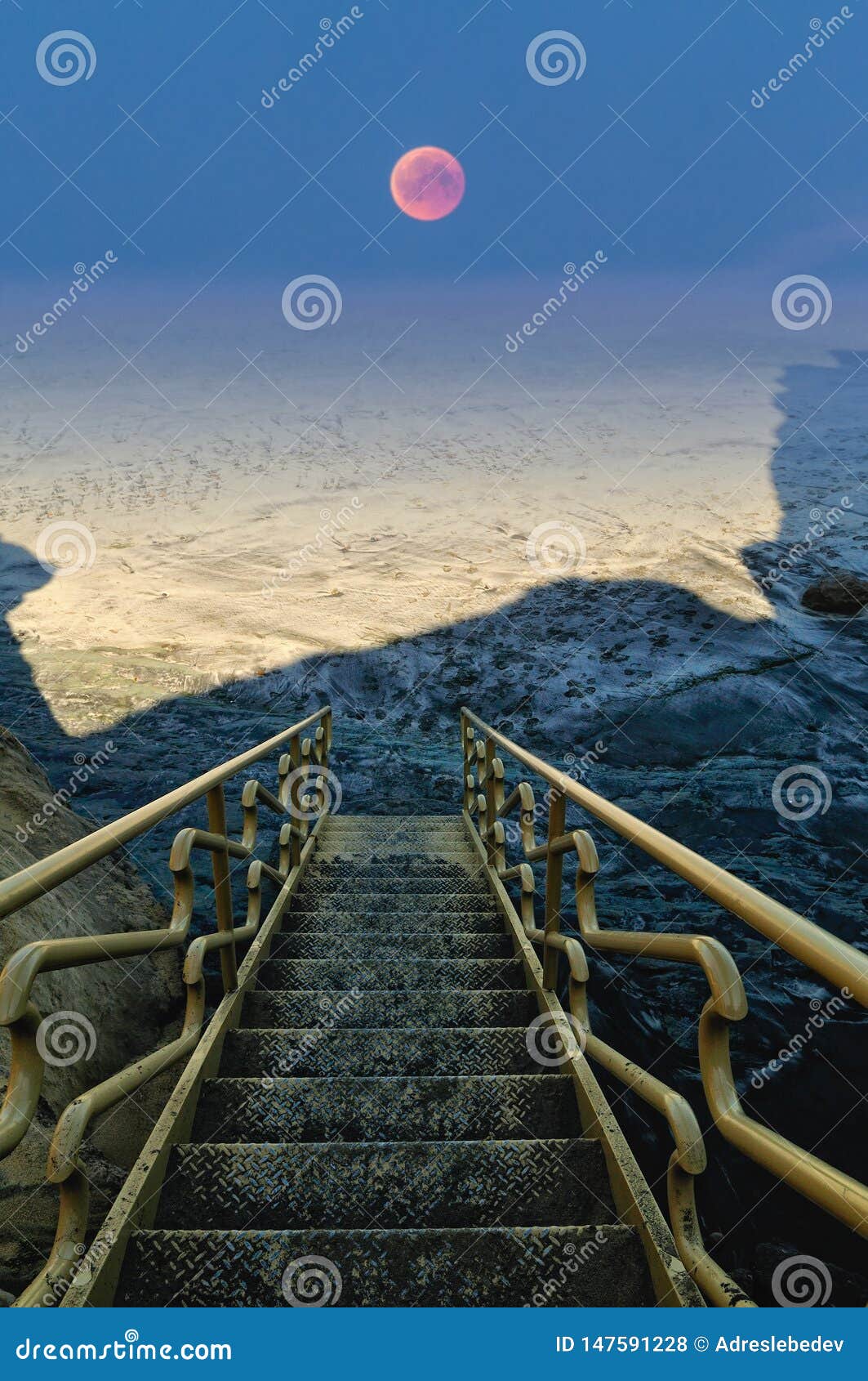 Stairs To Ocean and To Sky with Moon Stock Photo - Image of moon, path ...