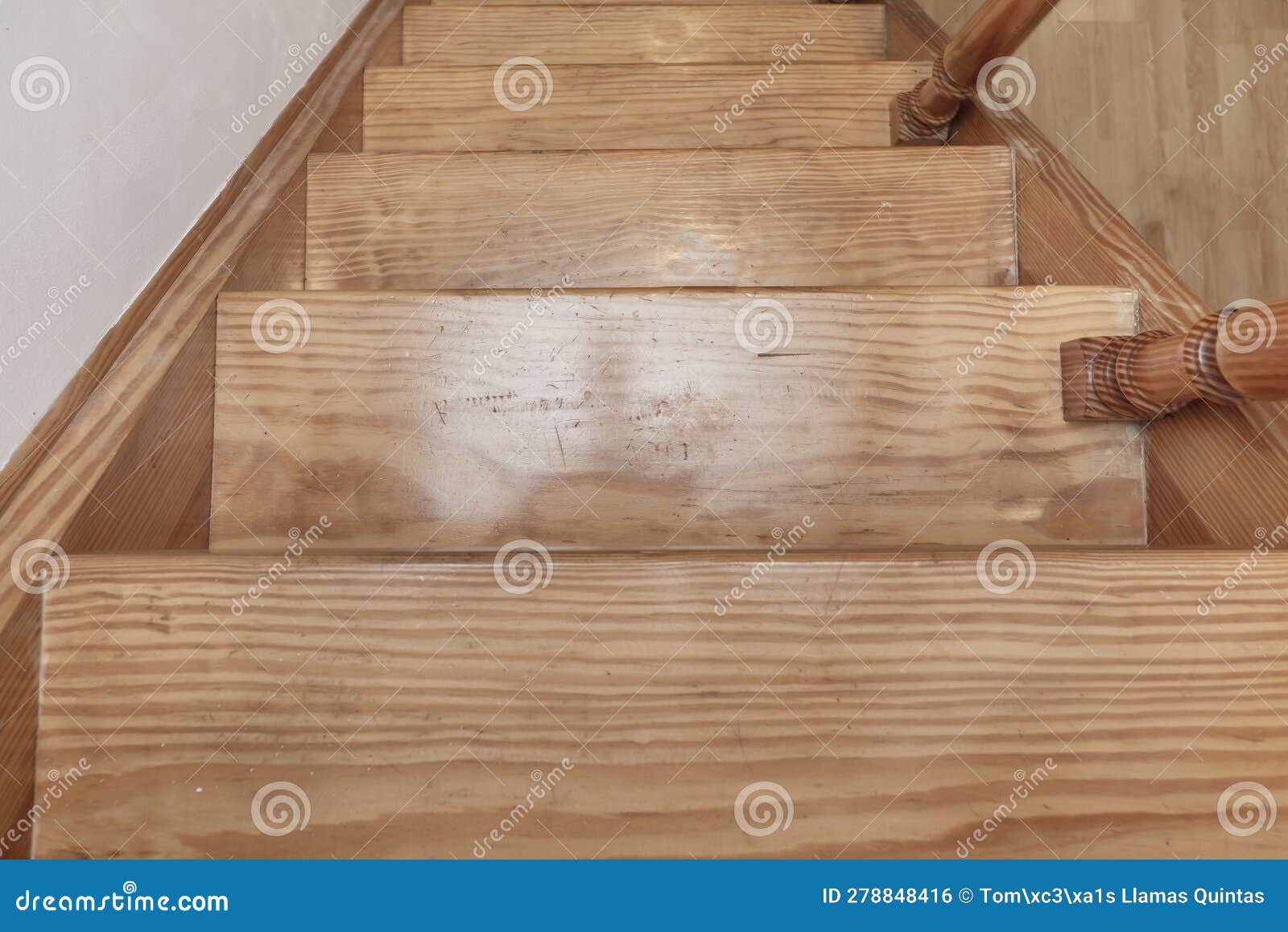 Stairs in Varnished Pine Wood with Balusters Stock Photo - Image of ...
