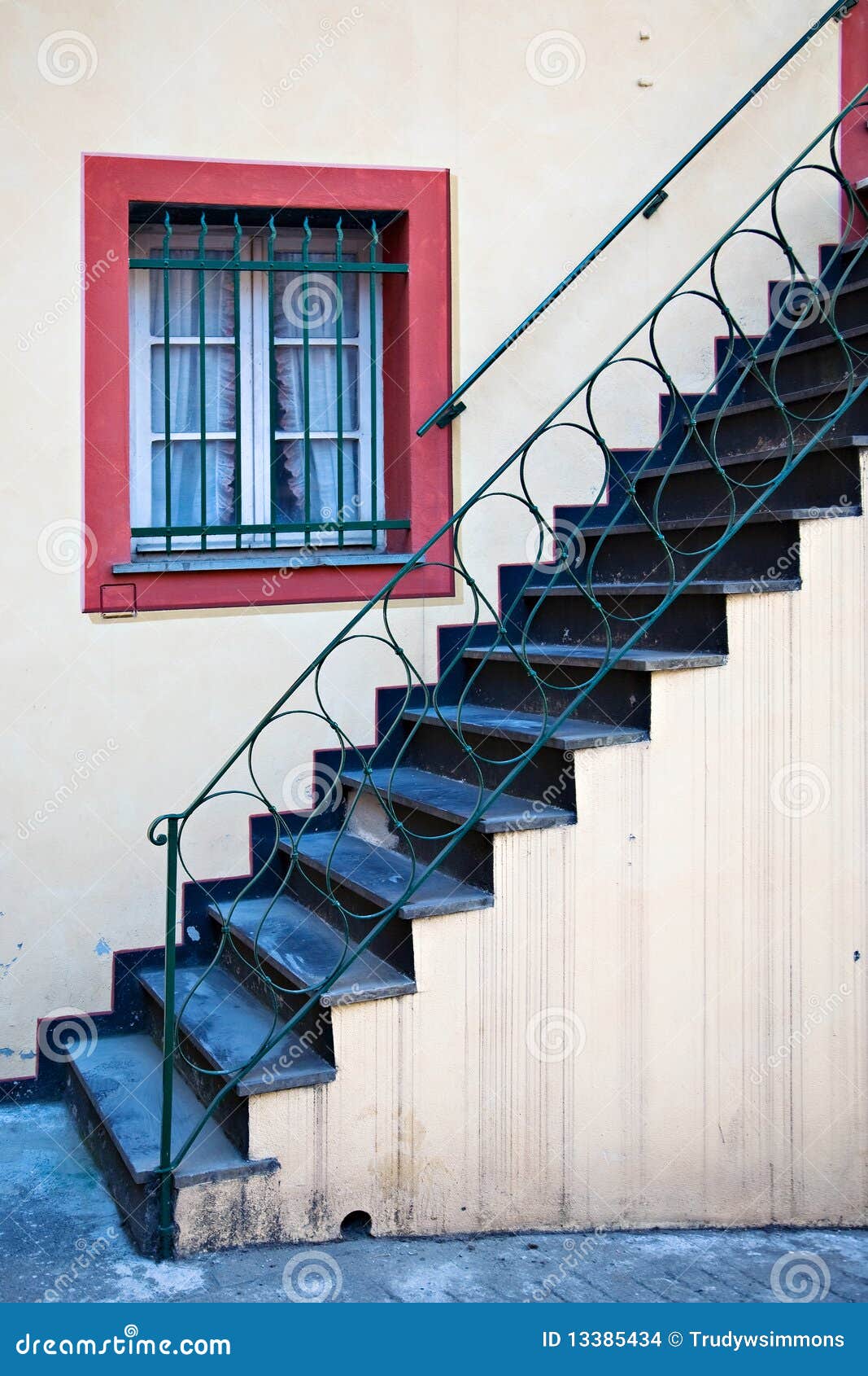 Stairway, Iron Railing and Red-Framed Window Stock Photo - Image of ...