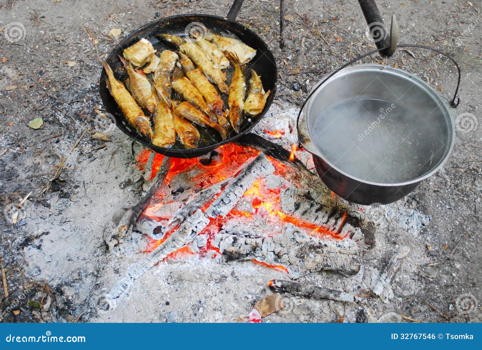 The Stake is Fried Fish in a Frying Pan and Some Heated Pot Stock Photo ...