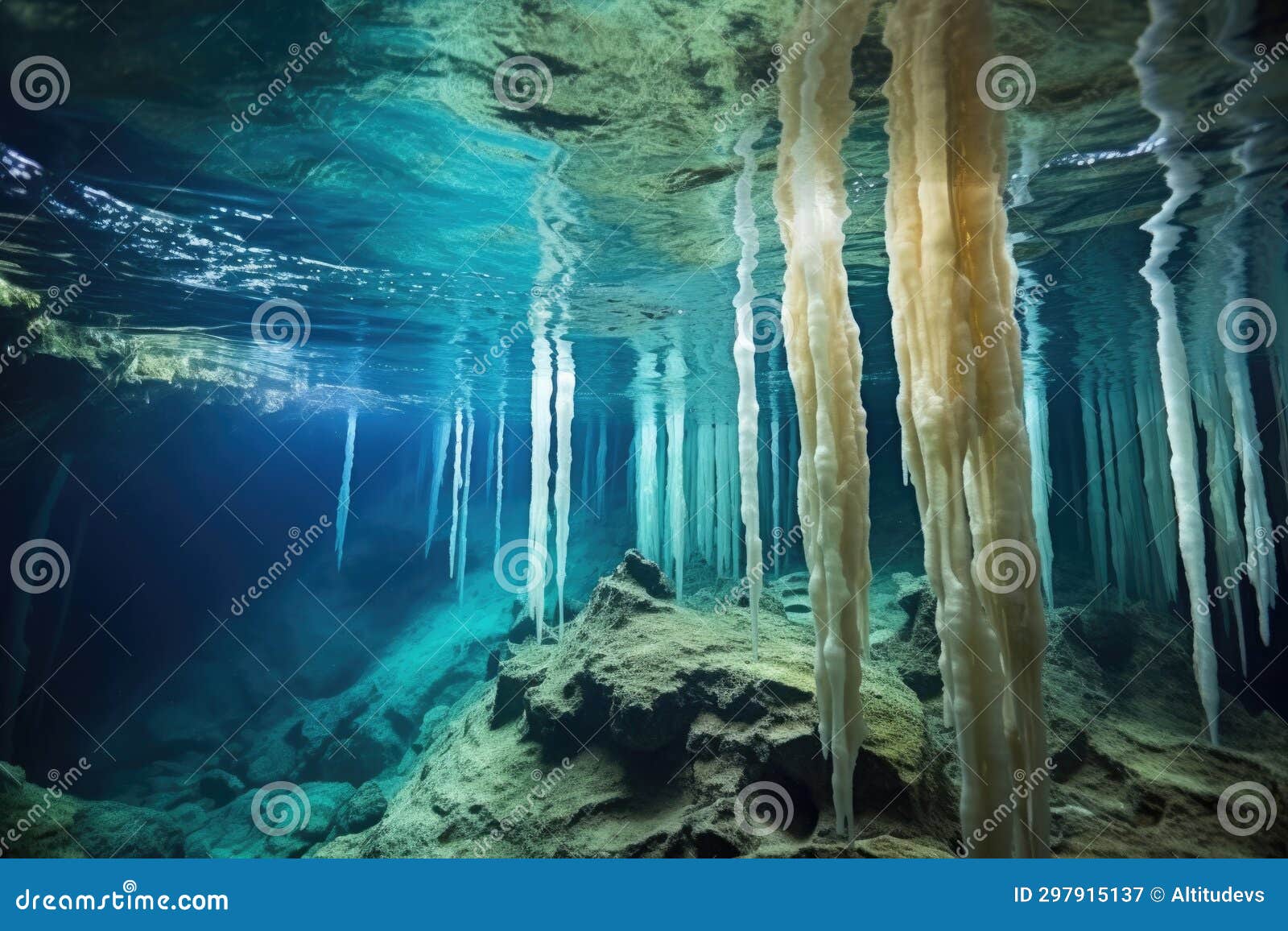 Stalactites and Stalagmites in an Underwater Cave Stock Image - Image ...