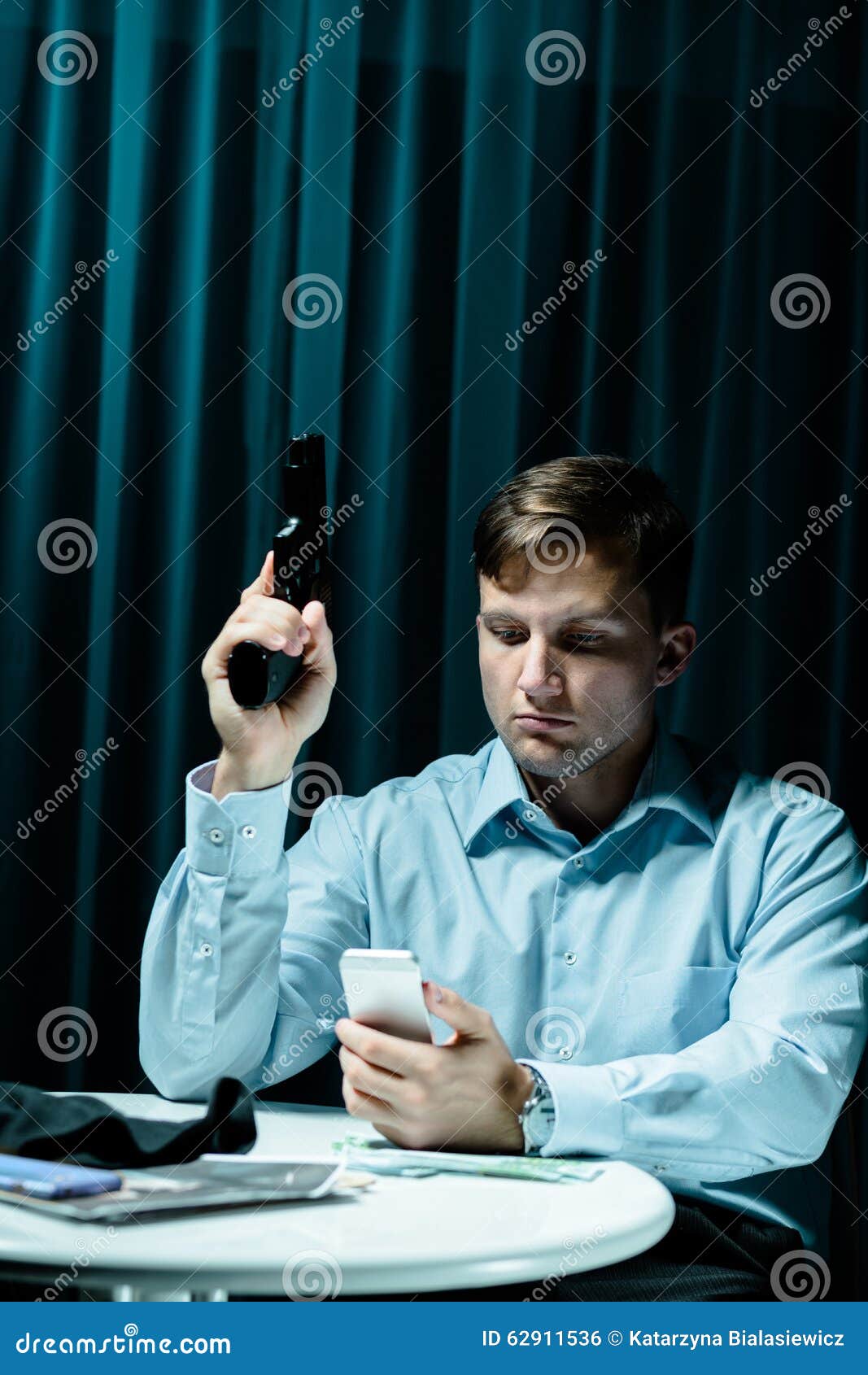 Stalker with gun and phone stock photo. Image of caucasian - 62911536