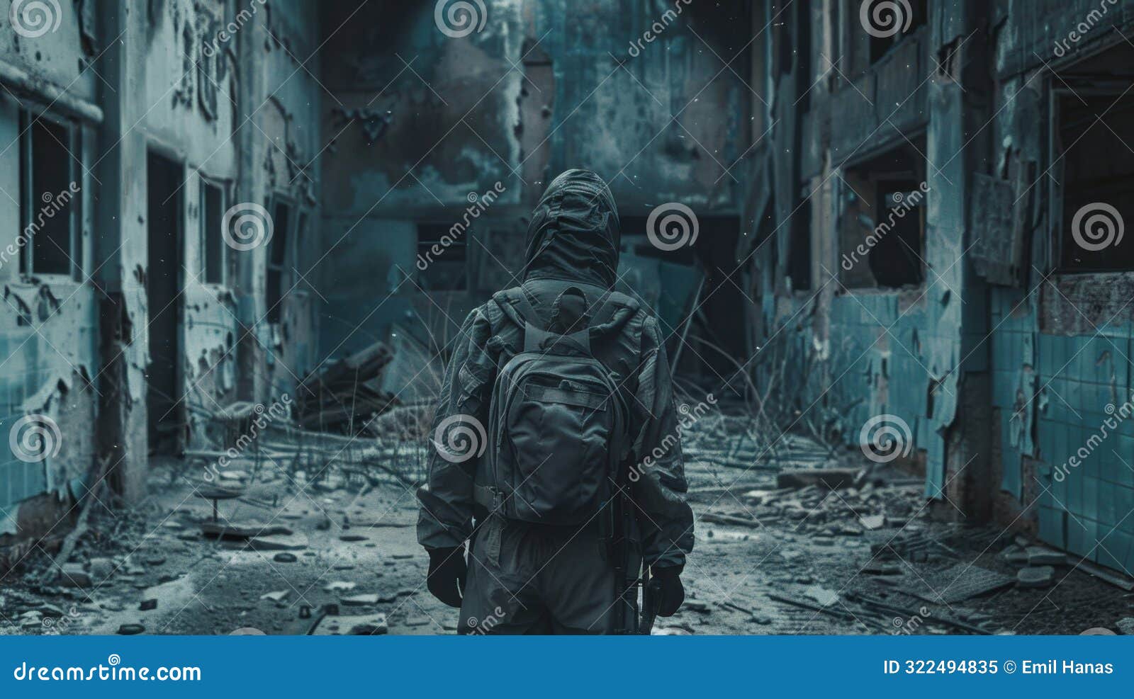 A Stalker Wanders through Post-apocalyptic Ruins Stock Illustration ...