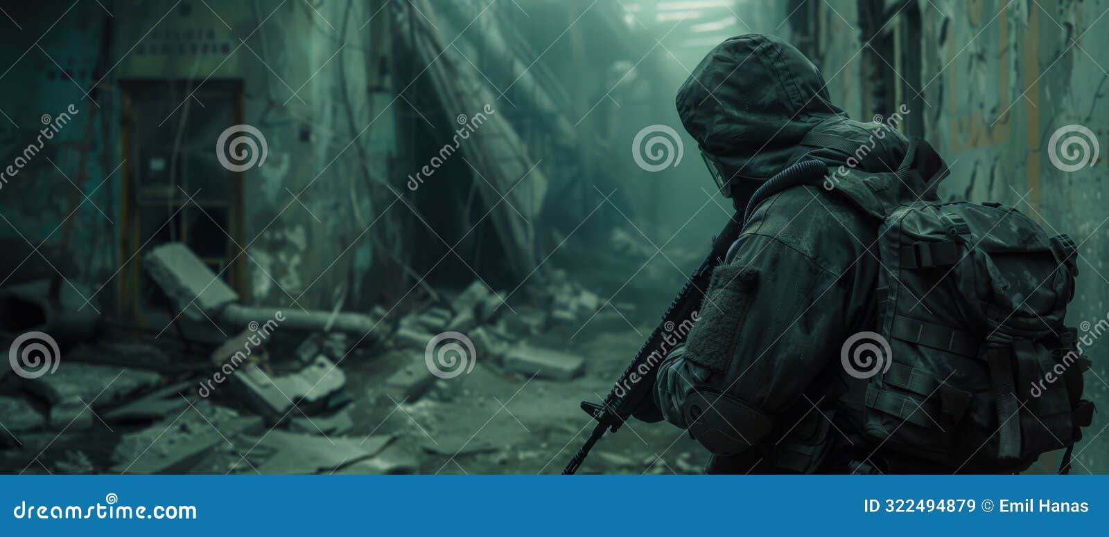 A Stalker Wanders through Post-apocalyptic Ruins Stock Illustration ...