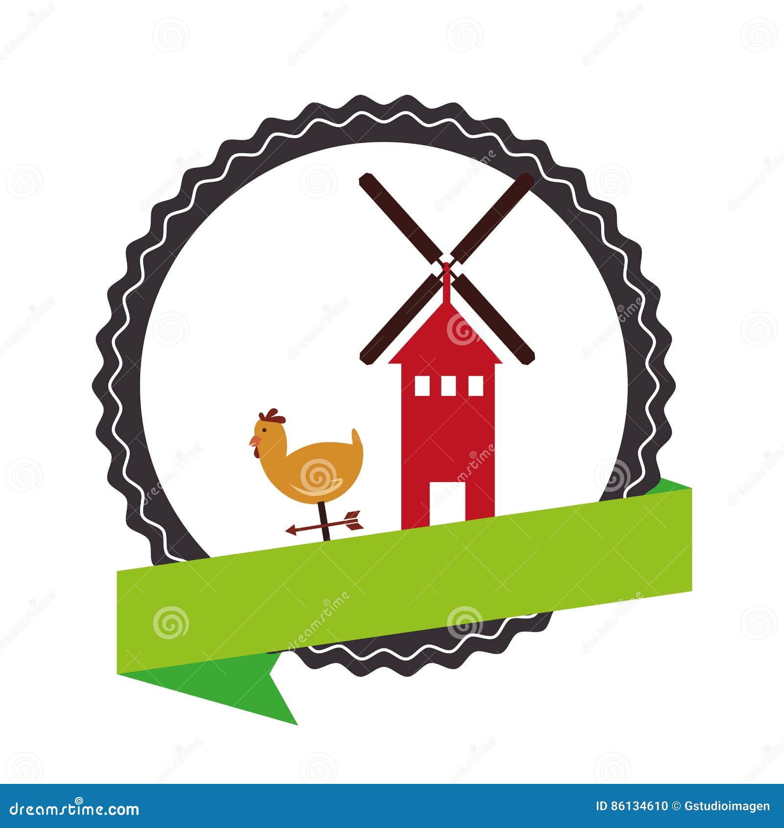 Stamp Border with Colorful Silhouette Windmill and Hen with Label Stock ...