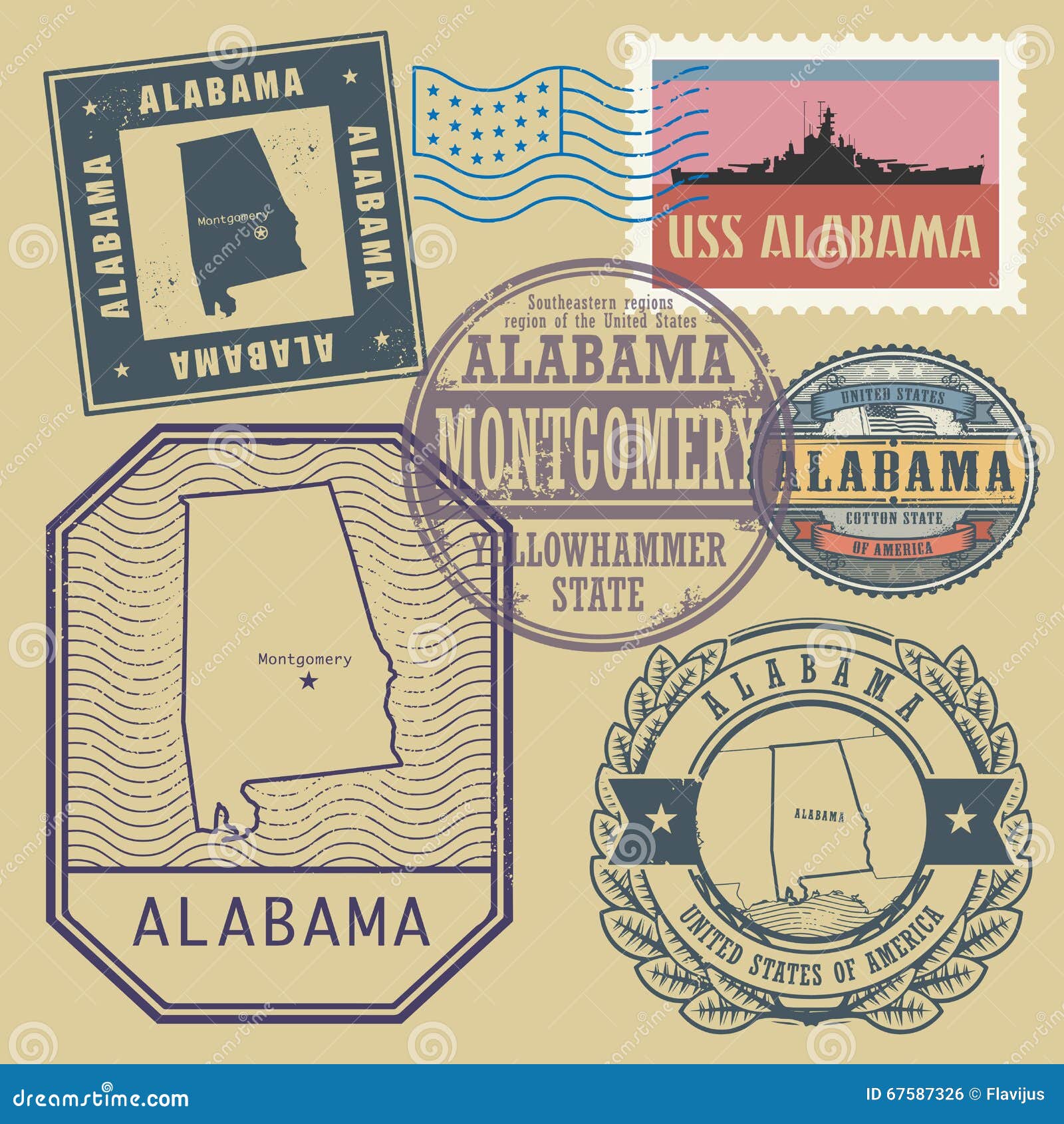 Stamp Set with the Name and Map of Alabama Stock Vector - Illustration ...