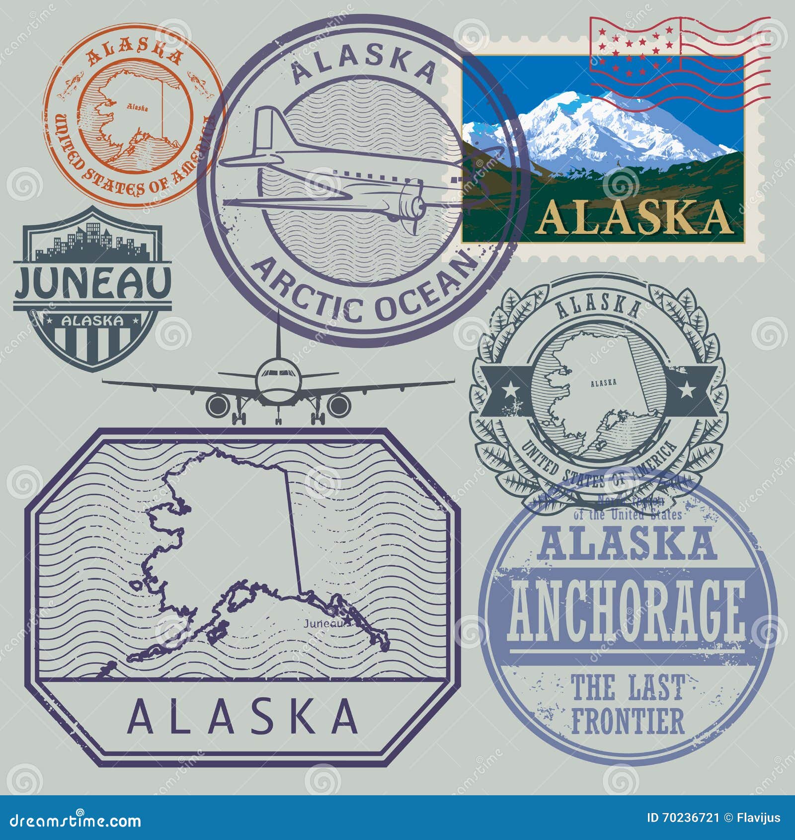 Stamp Set with the Name and Map of Alaska Stock Vector - Illustration ...
