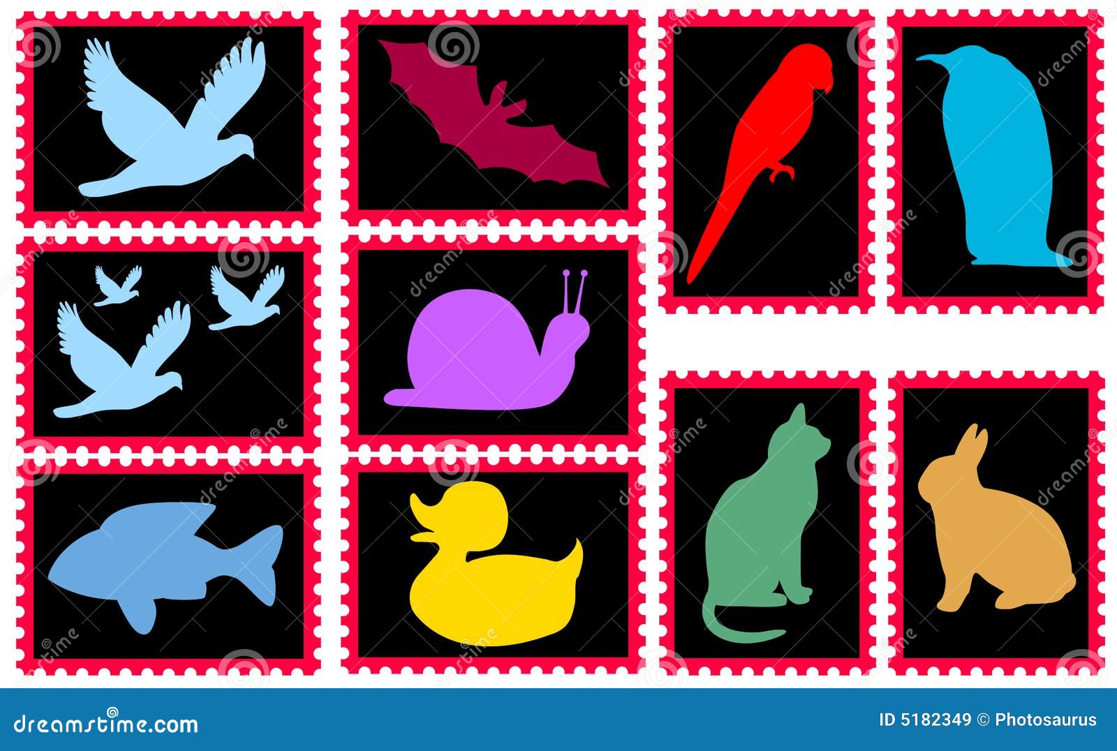 Stamps with animals stock vector. Illustration of color - 5182349