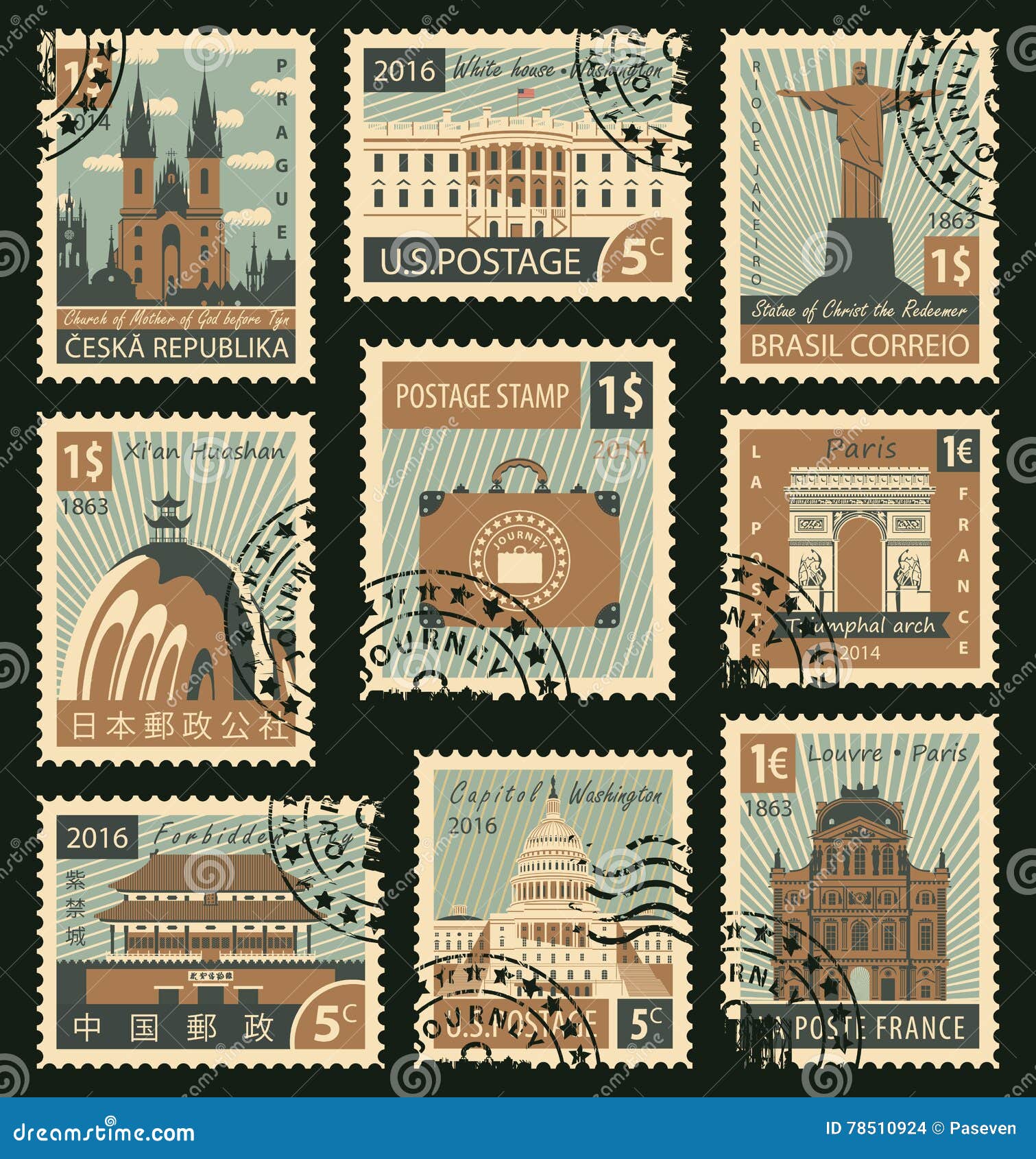 Stamps with Different Landmarks Stock Vector - Illustration of ...