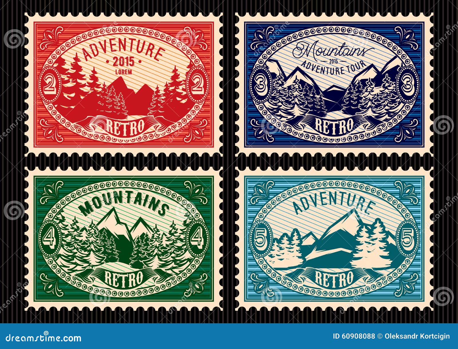 Stamps with Fir Forest and Mountains Stock Vector - Illustration of ...