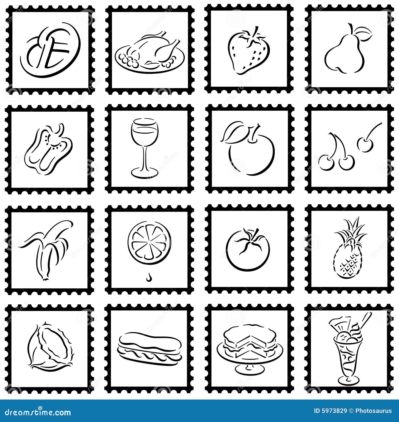Stamps with food symbols stock illustration. Illustration of cake - 5973829