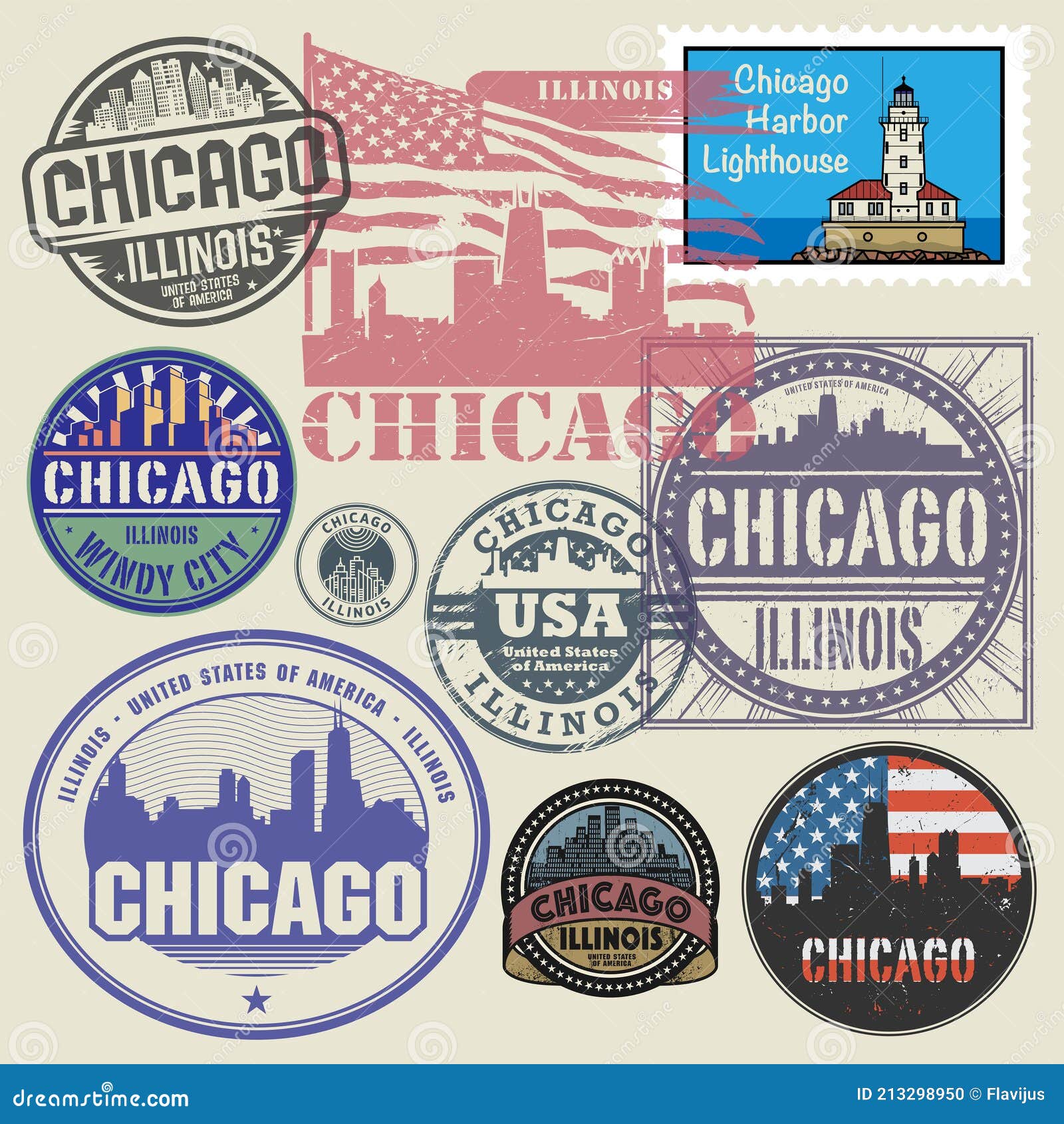 Stamps or Labels Set with Name of Illinois, Chicago Stock Vector ...
