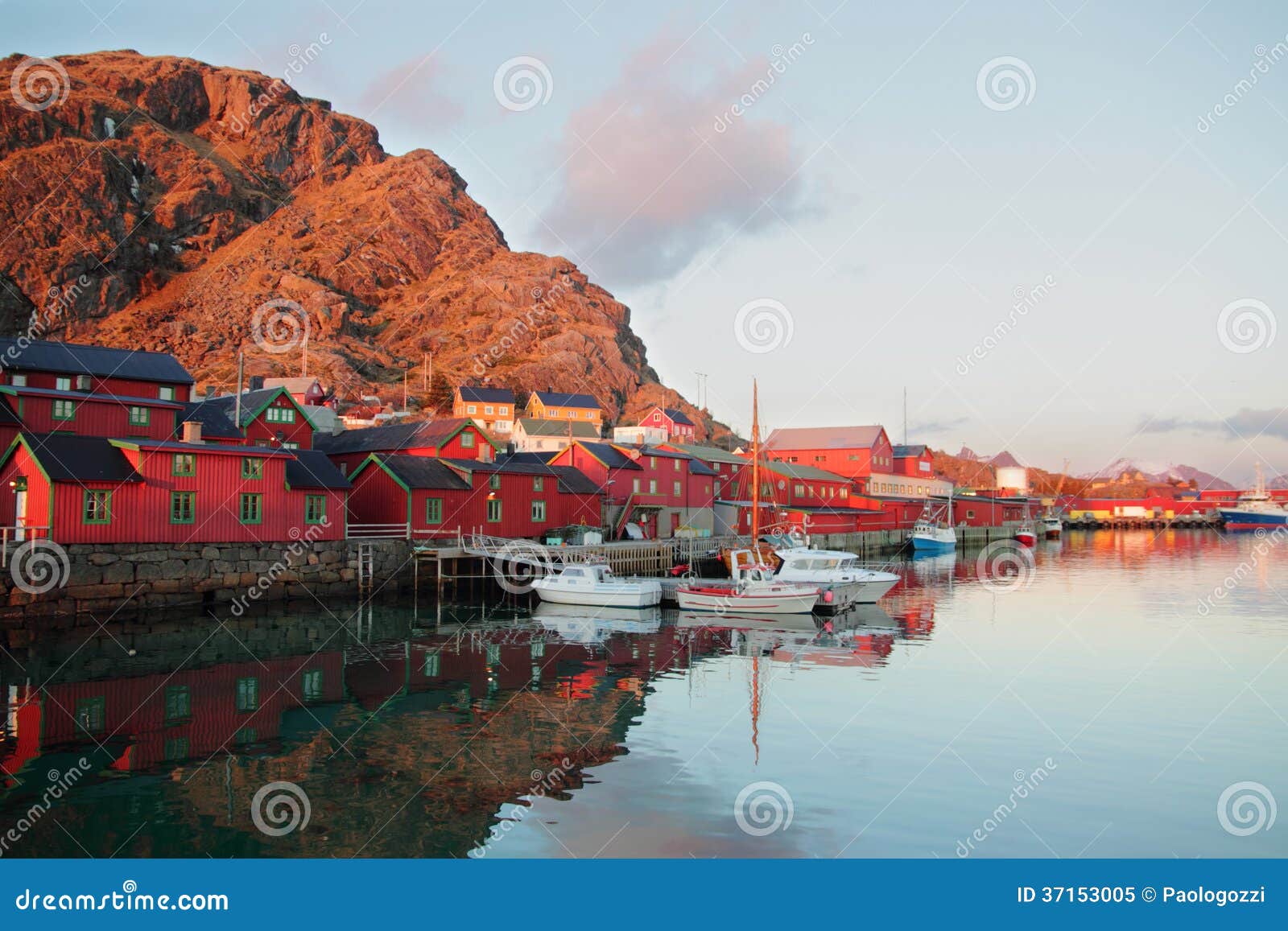Stamsund downtown and boat stock image. Image of land - 37153005