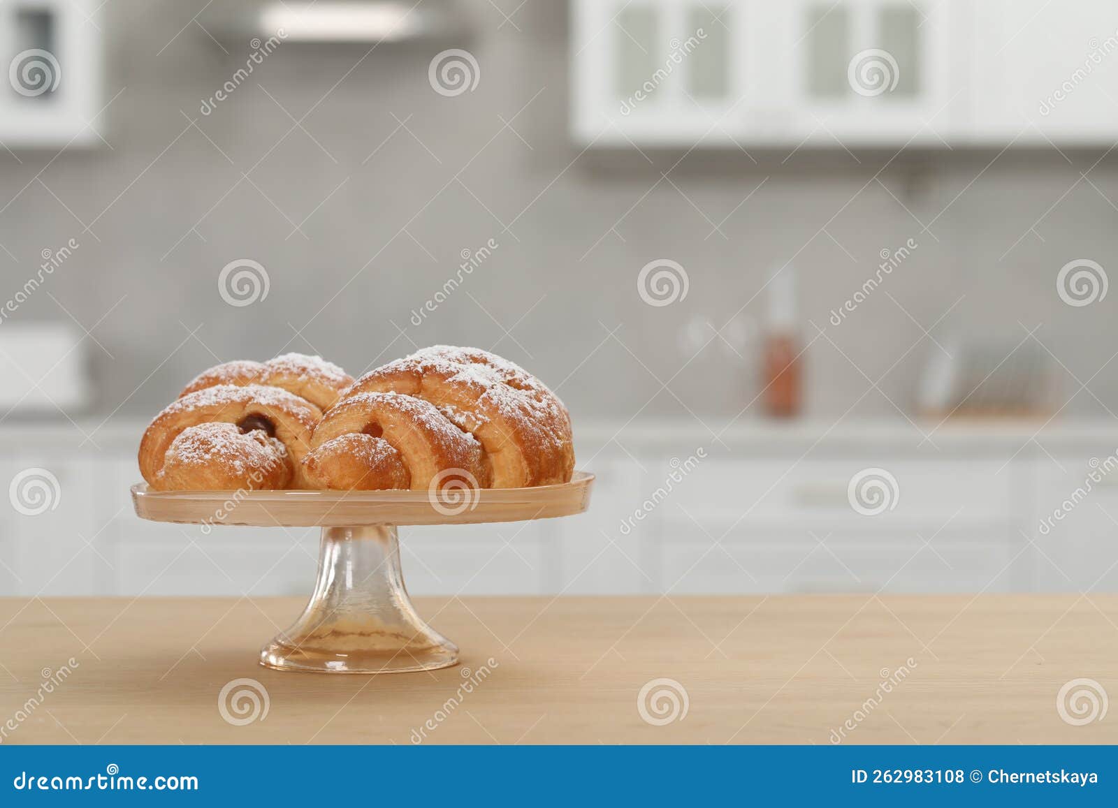 Stand with Delicious Croissants on Table in Kitchen, Space for Text ...