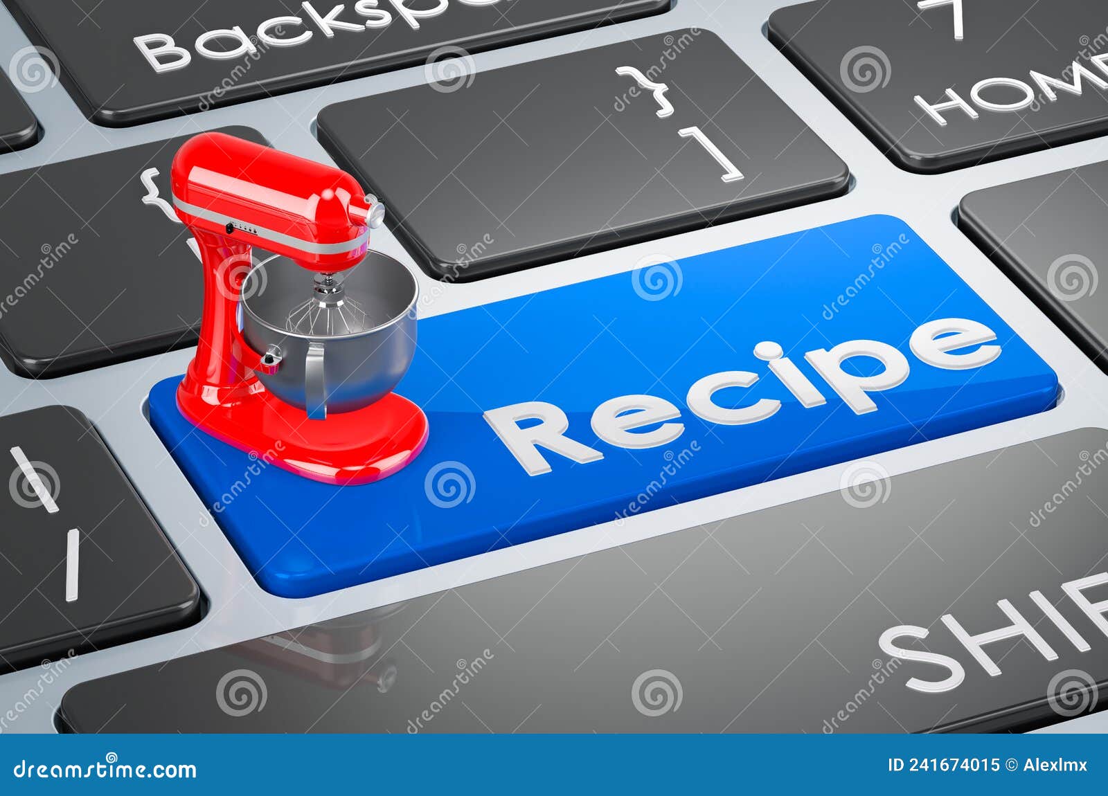 Stand Kitchen Mixer on Keyboard. Recipe Blue Key. 3D Rendering Stock ...