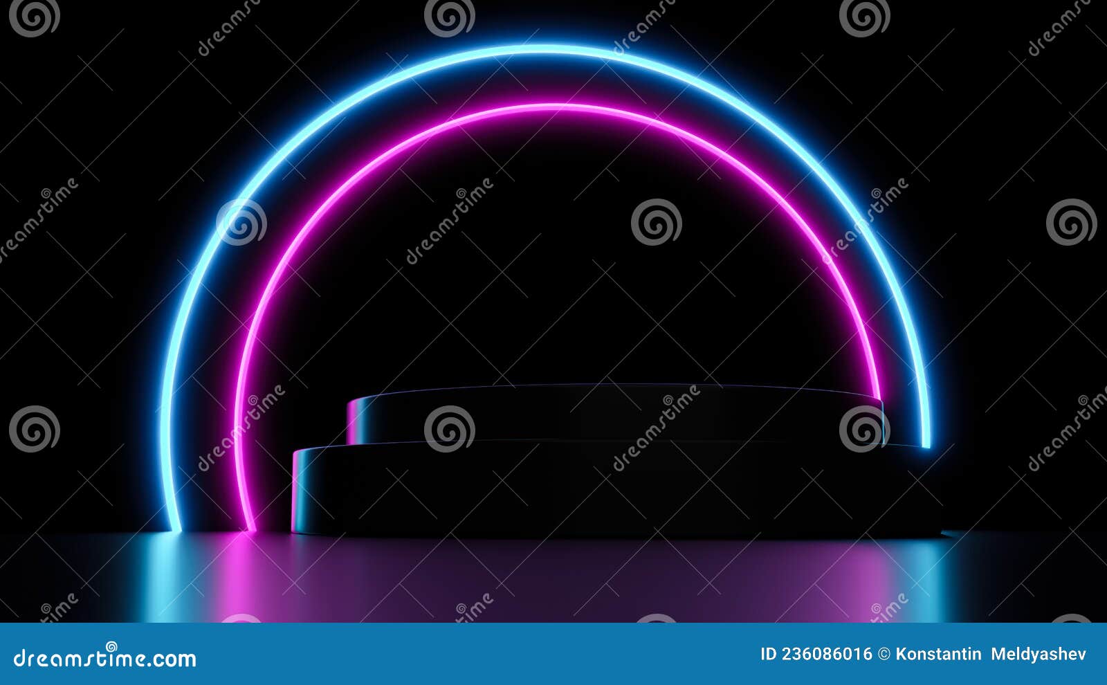 Stand with Neon Arch in Dark 3d Rendered Background Stock Illustration ...