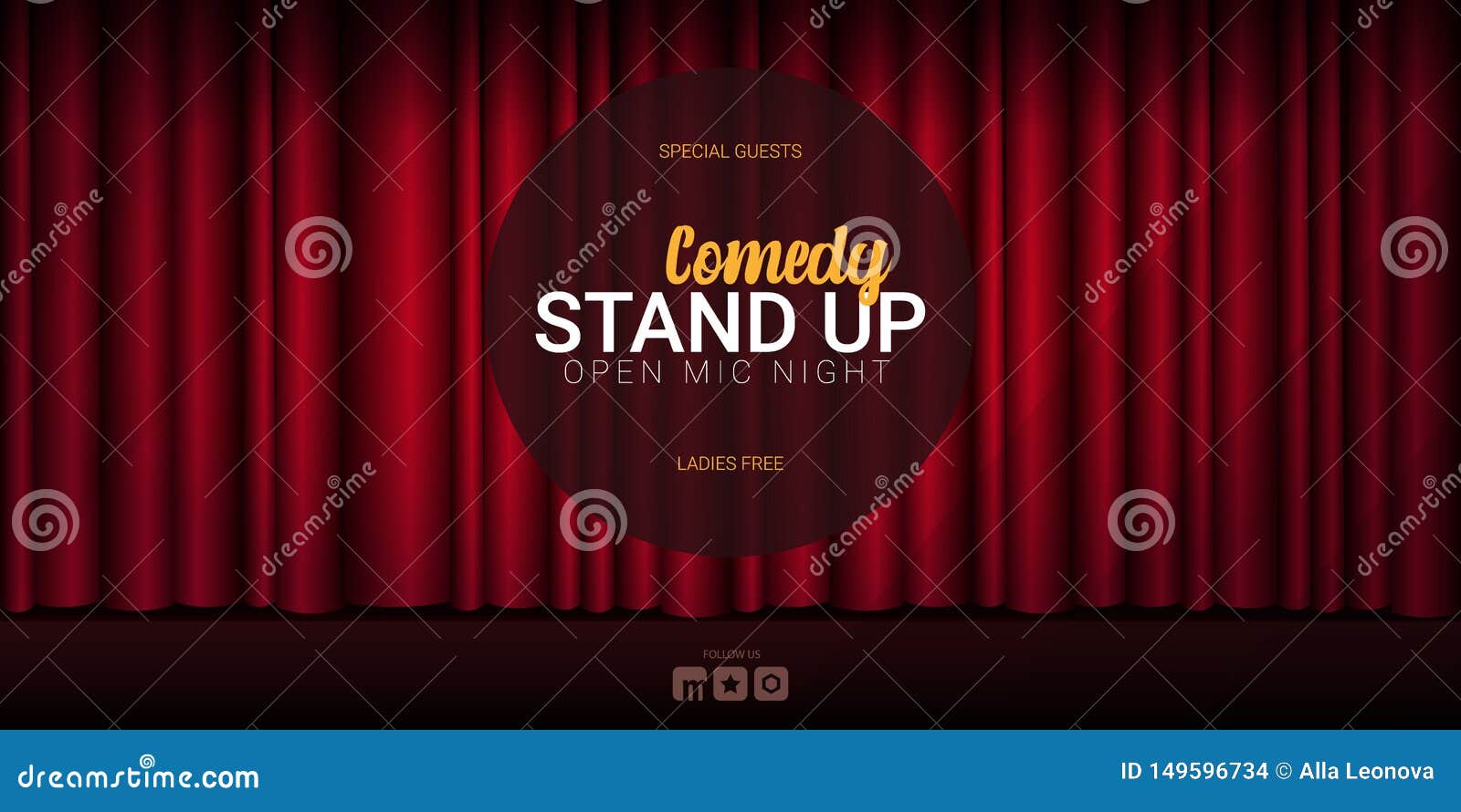 Stand Up Comedy Banner with Red Curtains Background with Spotlight ...