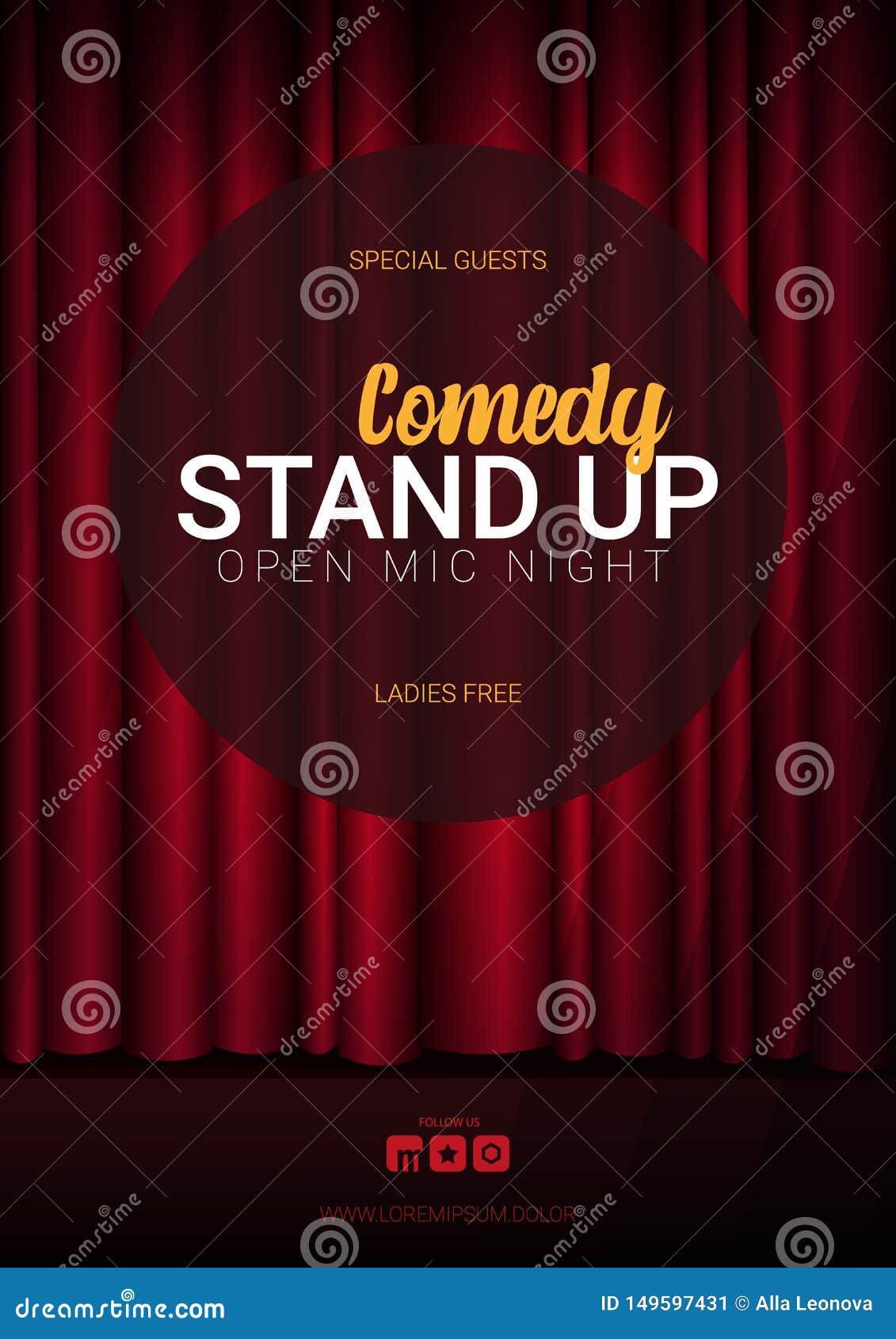 Stand Up Comedy Banner with Red Curtains Background with Spotlight ...