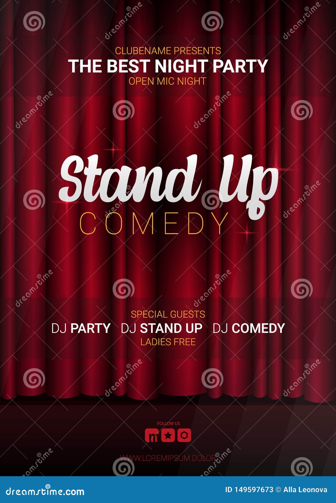 Stand Up Comedy Banner With Red Curtains Background With Spotlight