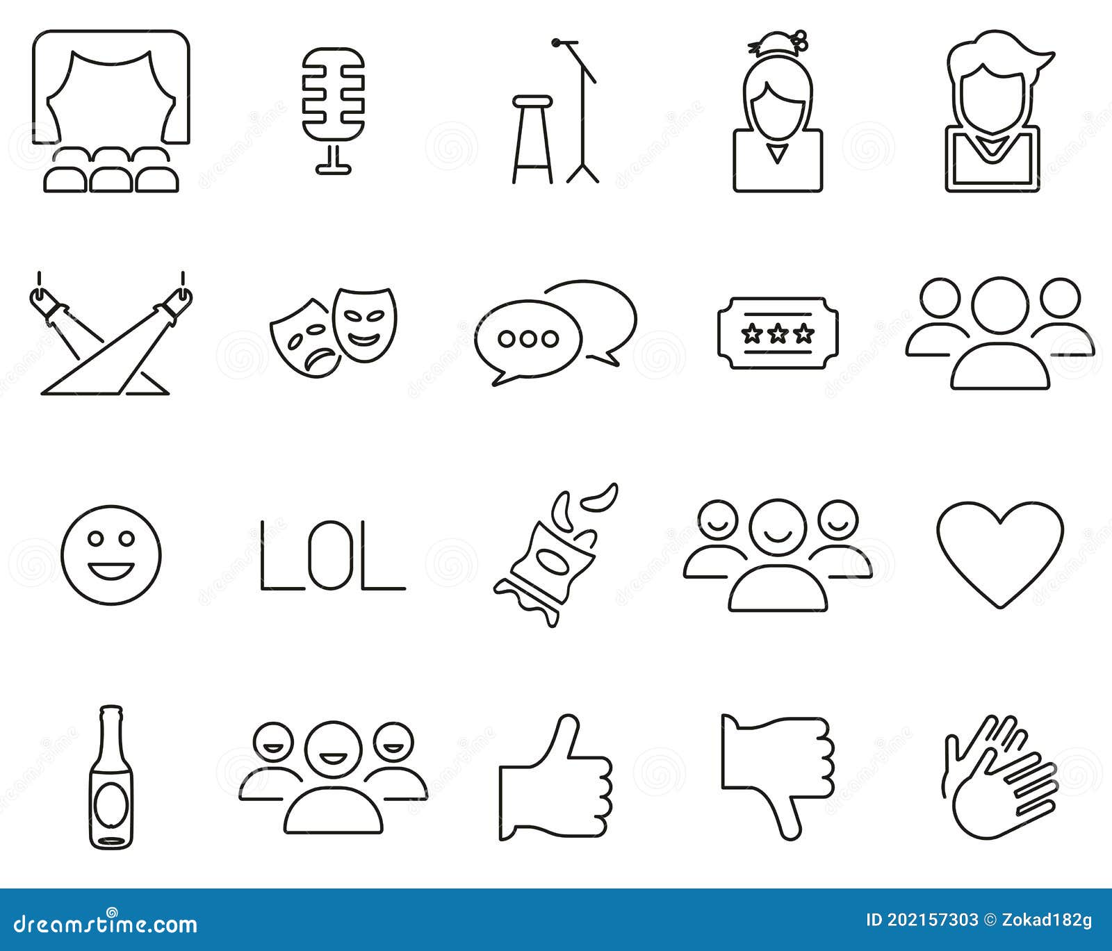 Stand Up Comedy or Stand Up Show Icons Black & White Thin Line Set Big ...