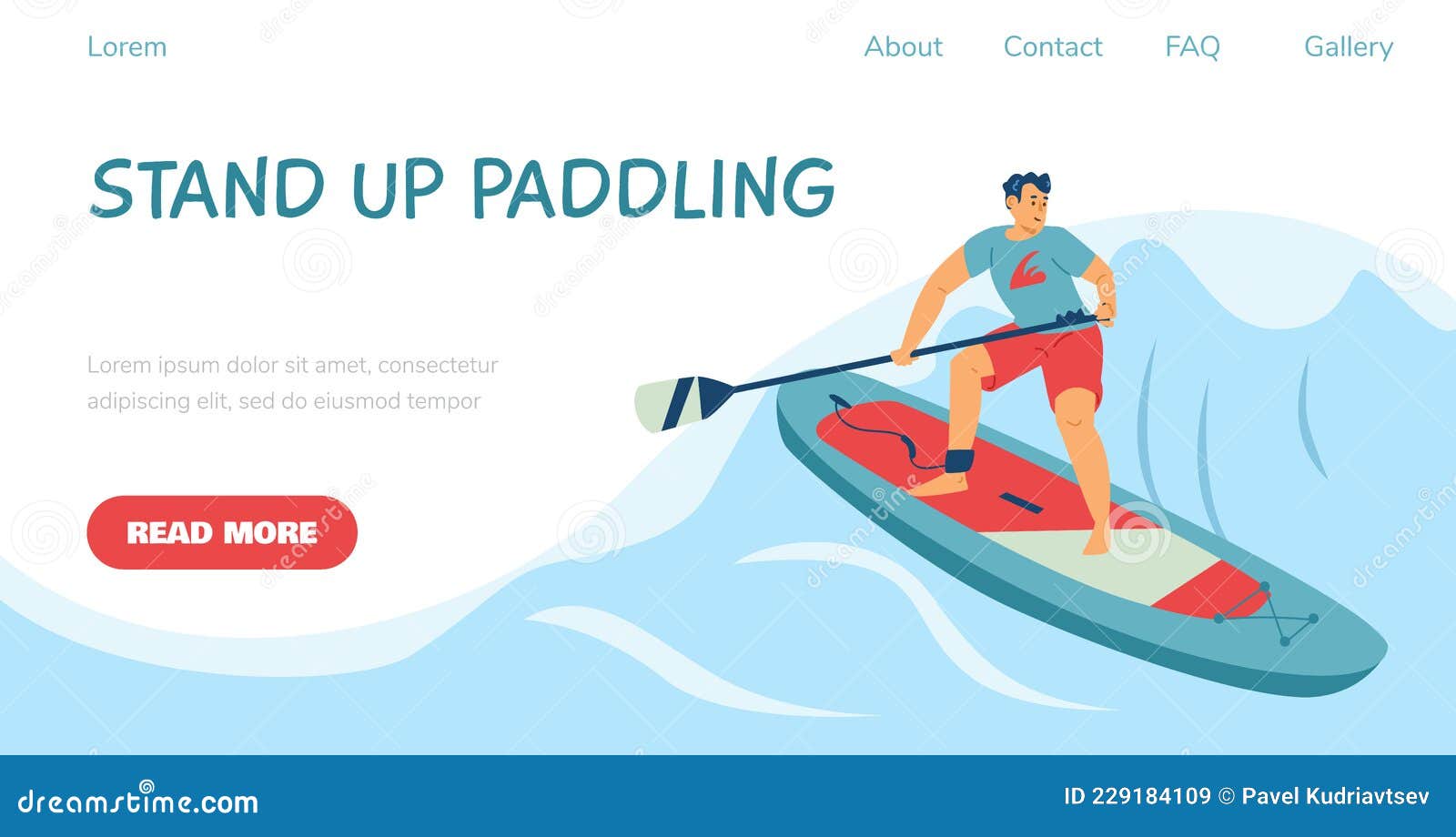 Stand Up Paddling Website with Man on Paddleboard, Flat Vector ...