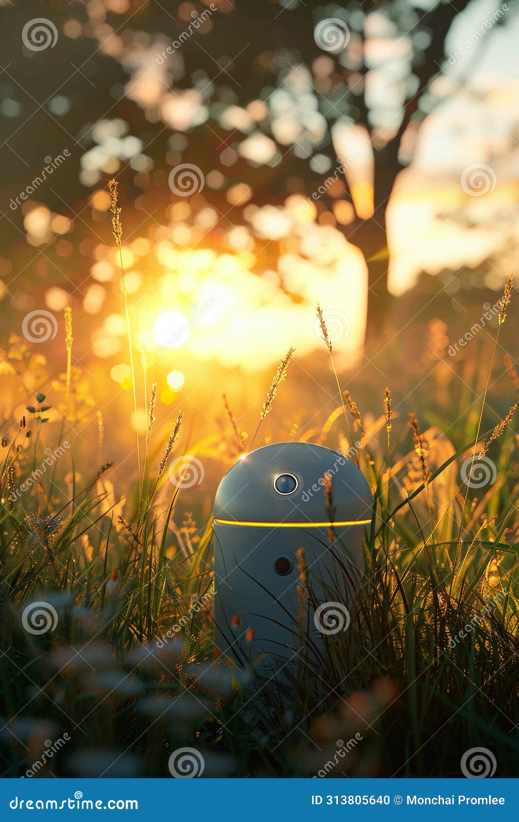 Standalone IoT Sensor in a Field, Sunrise Light, Close-up, Highlighting ...