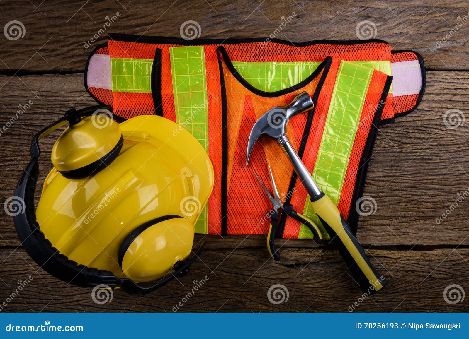 Standard Construction Safety Equipment on Wooden Table Stock Image ...