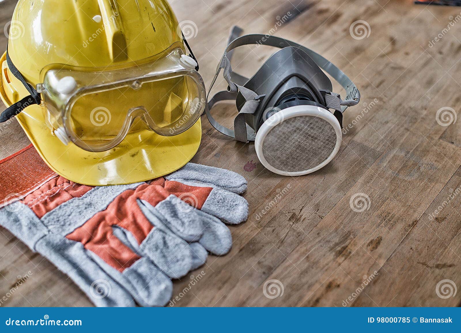 Standard Construction Safety Equipment on Wooden Table. Top View Stock ...