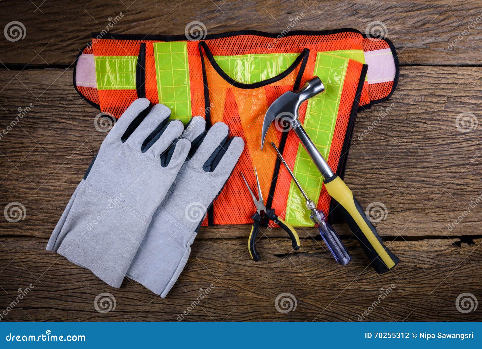 Standard Construction Safety Equipment with Work Tools on Wooden Stock ...