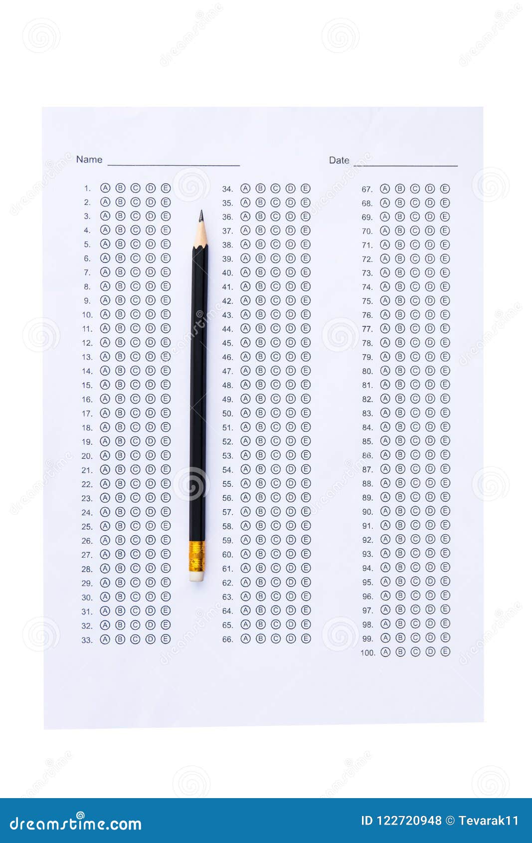 Standardized Test Form with Answers Bubbled in and a Pencil Isolated on ...